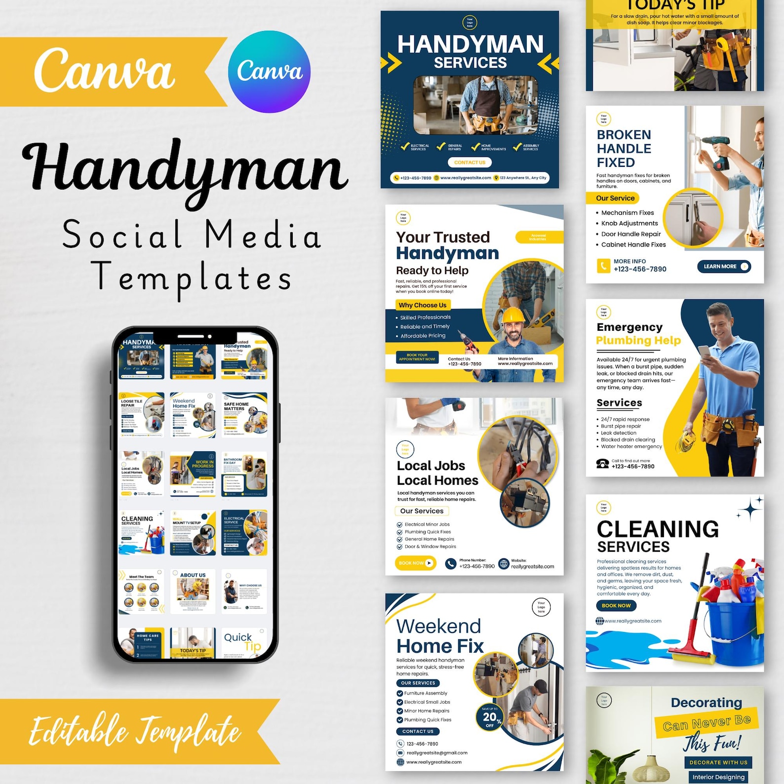 Handyman Social Media Templates - Contractor Canva Posts - Editable ...