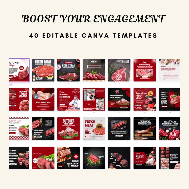 Butcher Shop Social Media Templates - Farm Meat Canva Posts - Editable ...