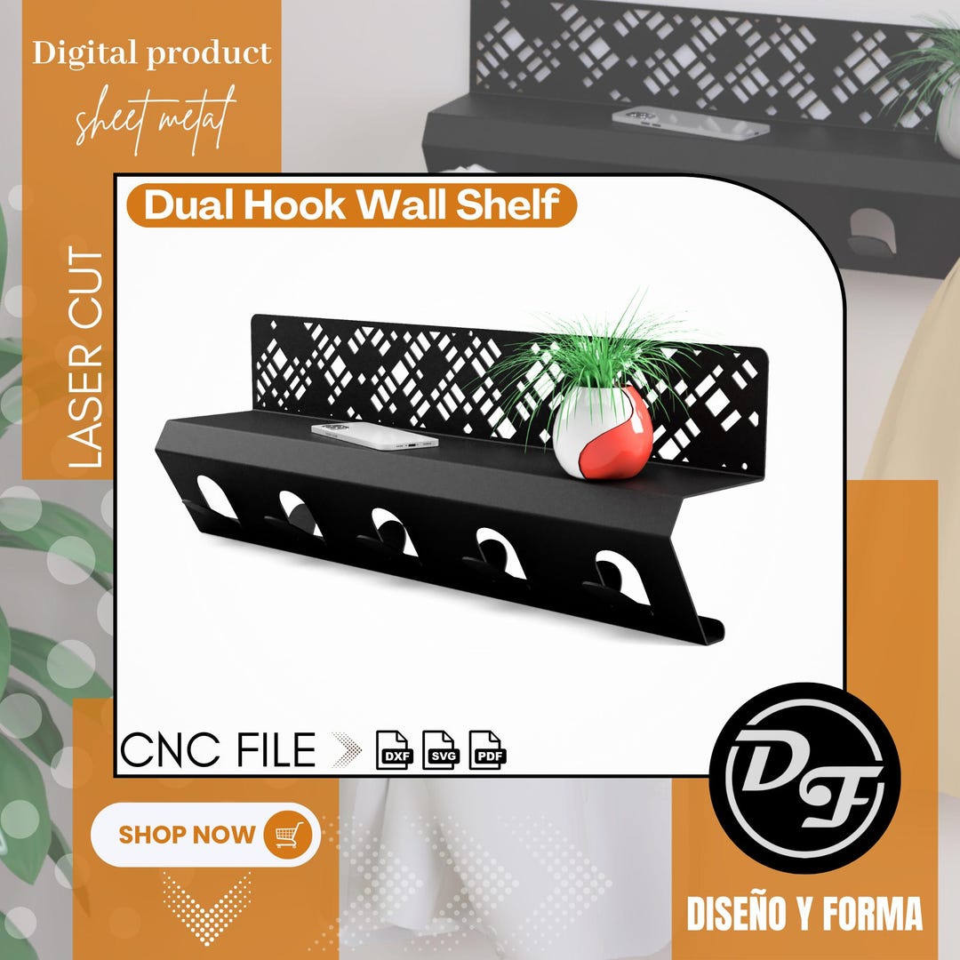 Dual Hook Wall Shelf | Laser Cut Dxf Svg Pdf File - Modern Wall ...