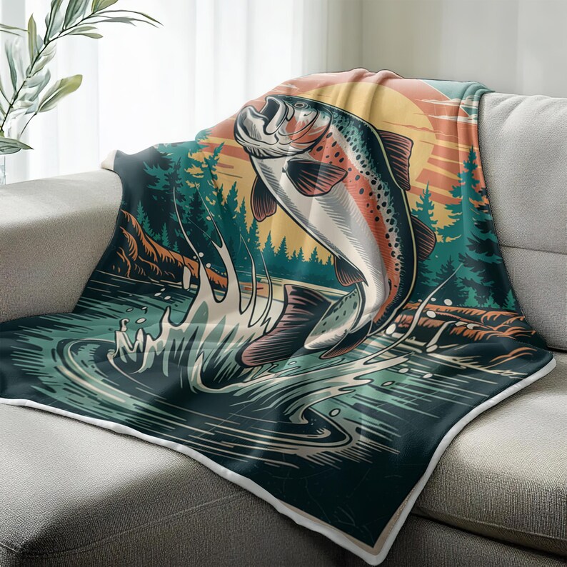 Vintage Freshwater Game Fishing Blanket Cabin Lodge Blanket Soft ...