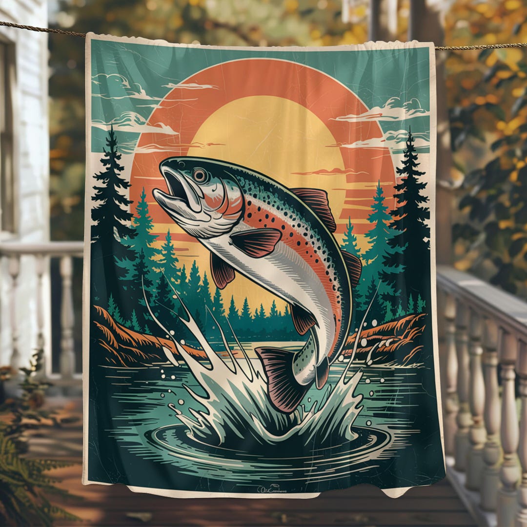 Vintage Freshwater Game Fishing Blanket Cabin Lodge Blanket Soft ...