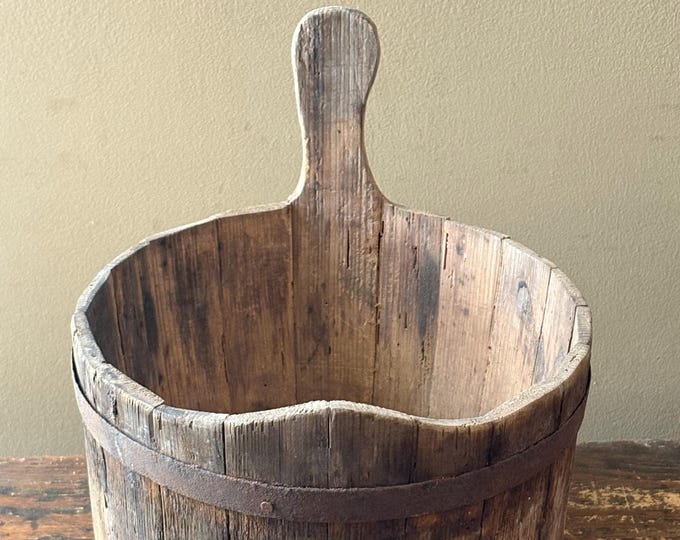 Antique Country Primitive Staved Wooden Piggin Bucket With Iron Bands ...