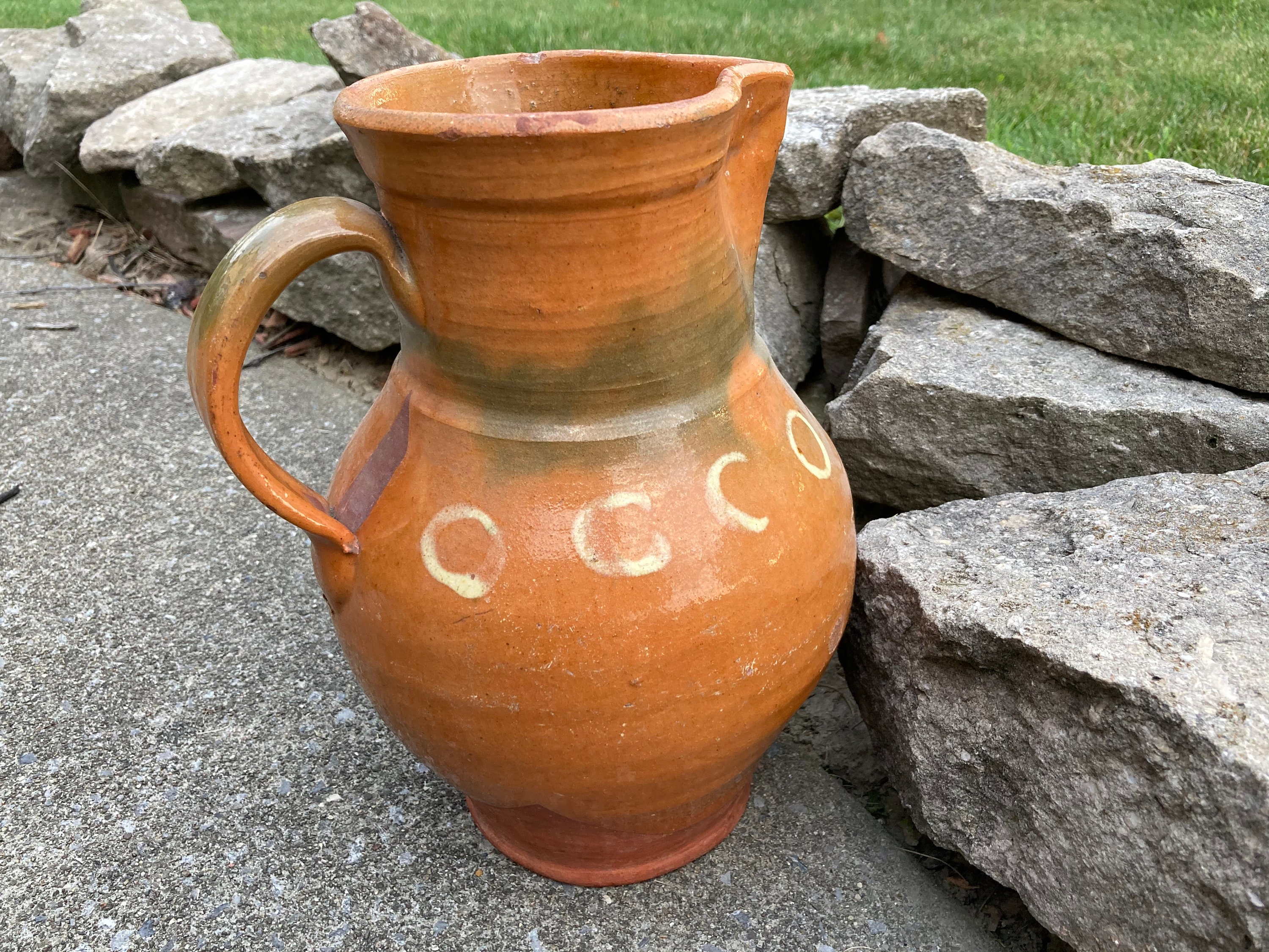 Antique Country Primitive Redware Folk Pottery Pitcher; 19th Century ...