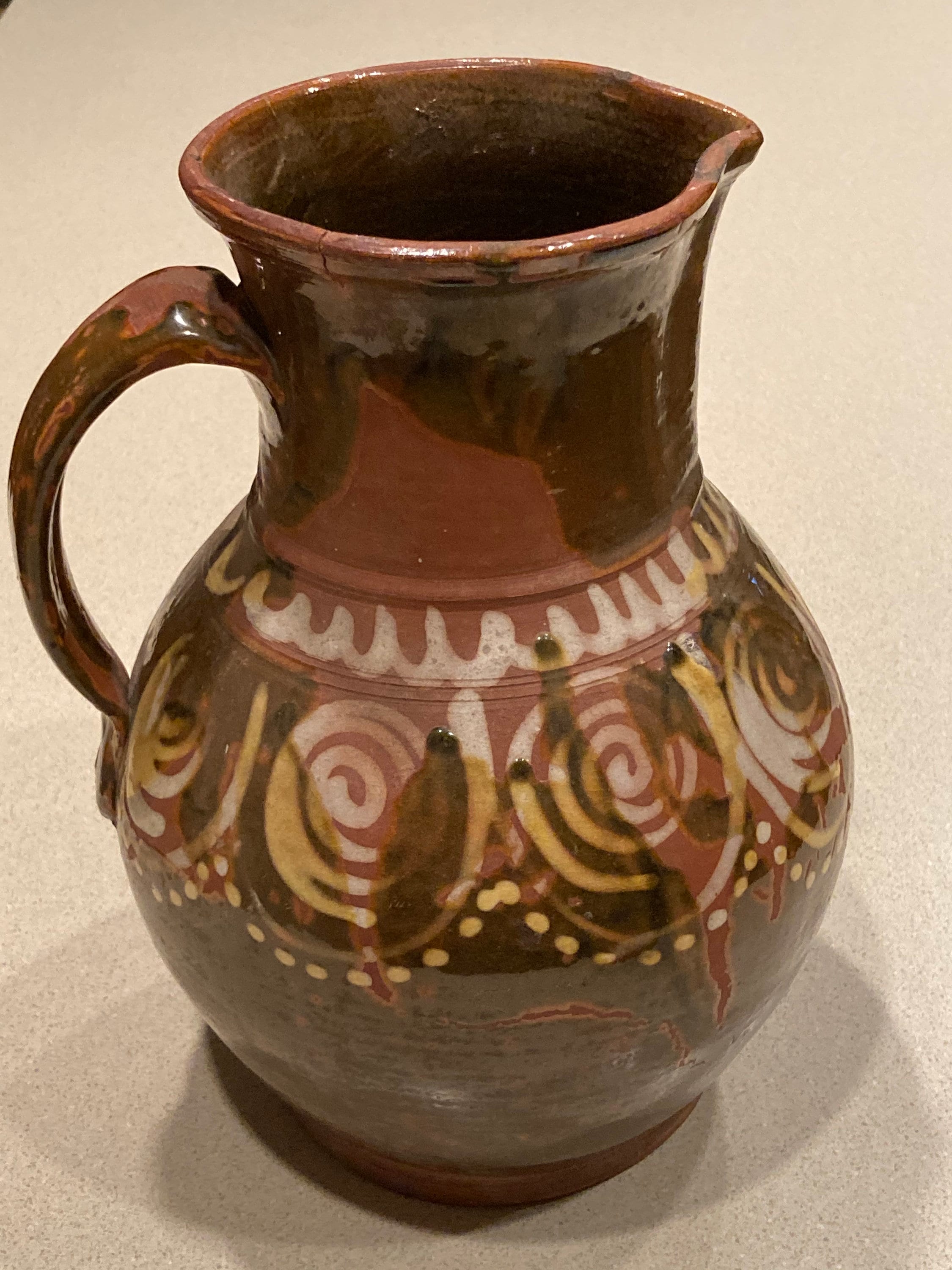 Antique Country Primitive Redware Pottery Pitcher; 19th Century Slip ...