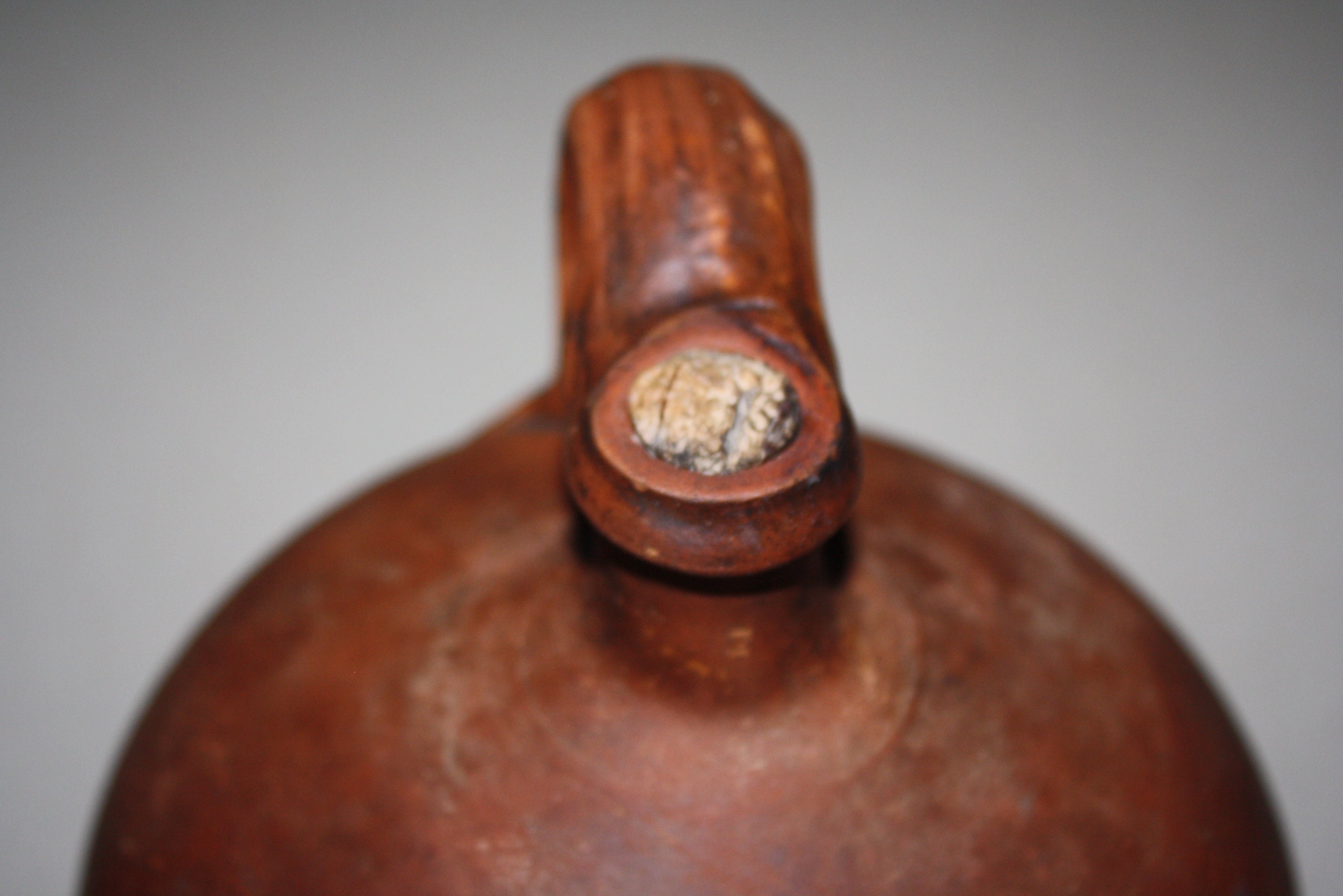 Antique Country Primitive Ovoid Redware Jug; 19th Century Folk Pottery