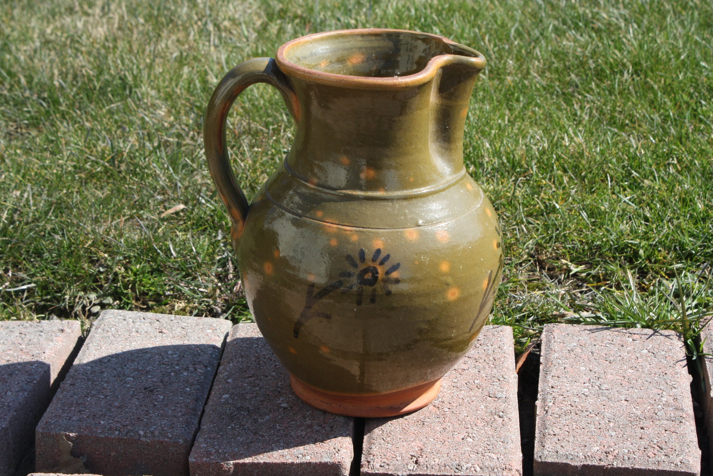 Antique Country Primitive Redware Pottery Pitcher; Slip Decorated, Lead ...