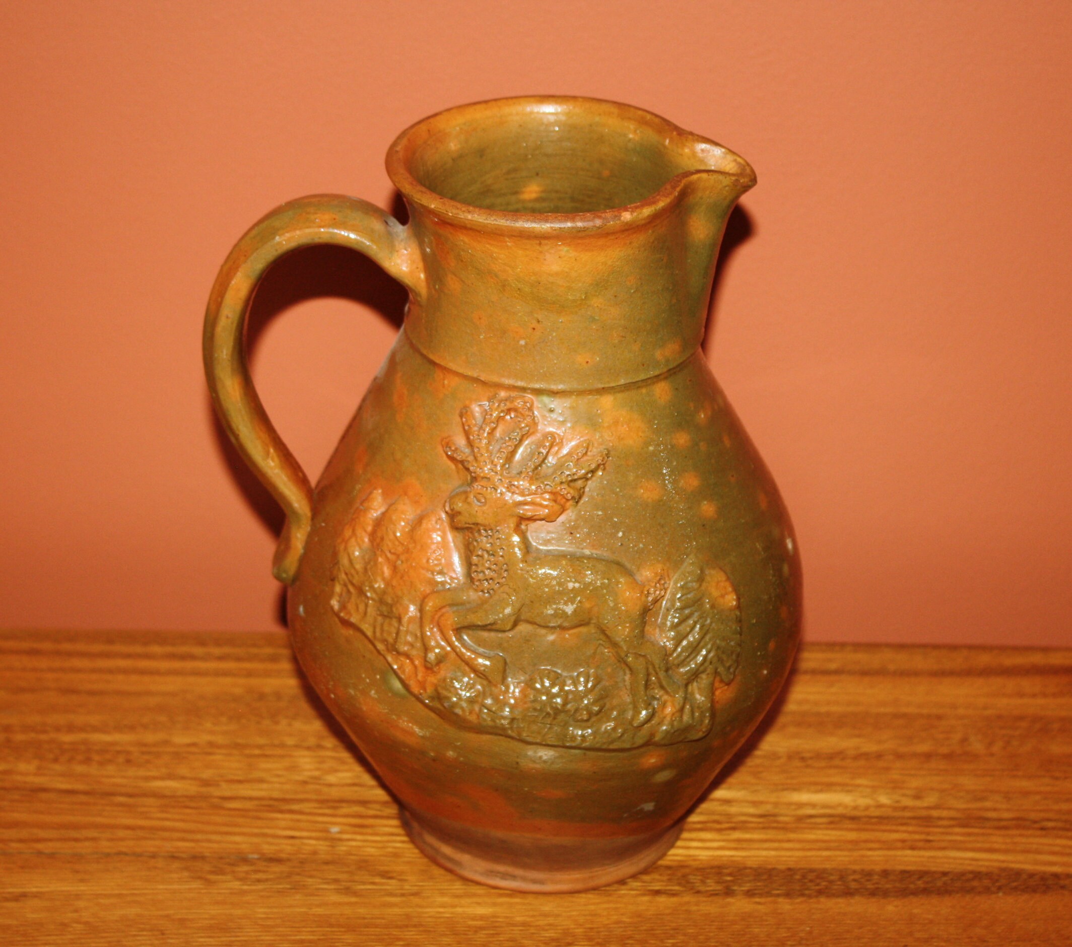 Rare Antique Primitive Redware Pottery Pitcher with Applied Reindeer ...