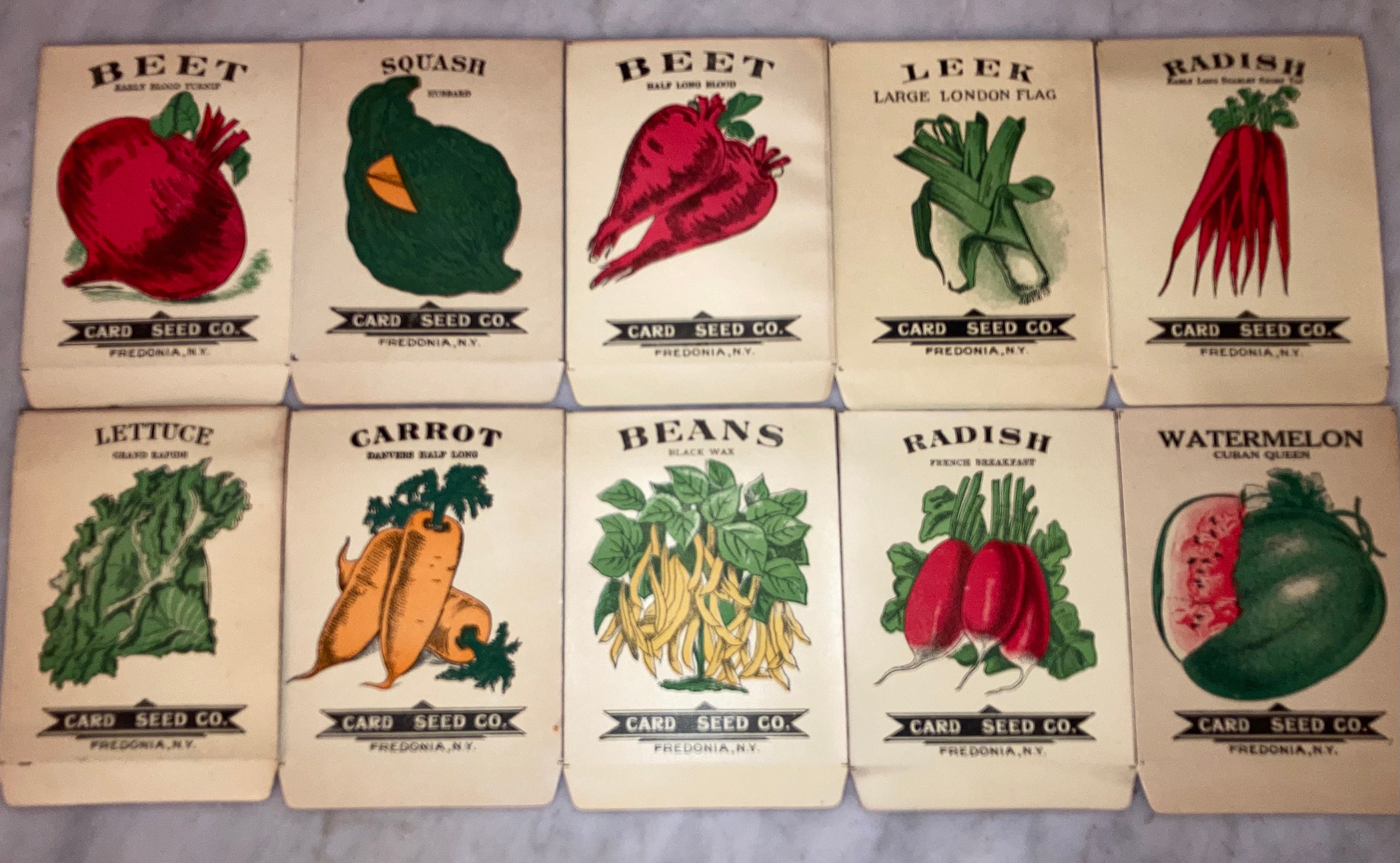 Set of 10 Vintage 1920s Lithograph Vegetable Seed Packets; Card Seed Co ...