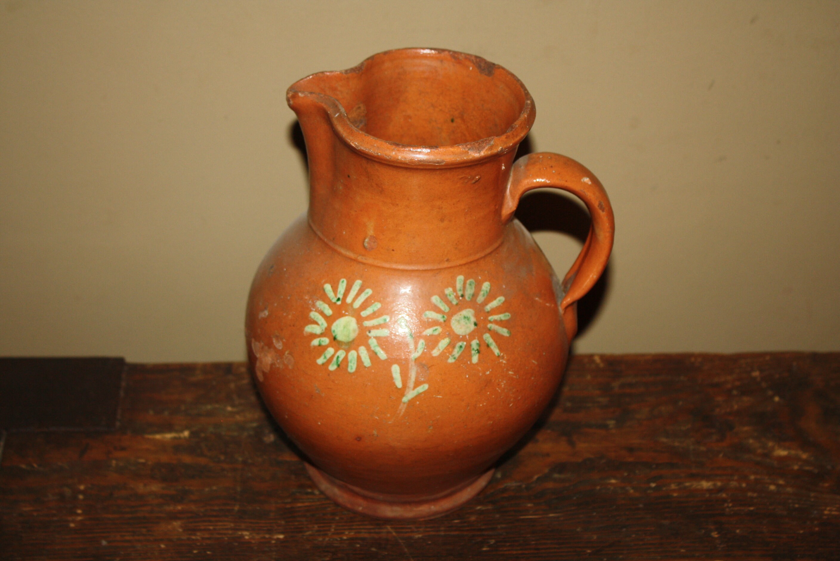 Antique Country Primitive Redware Pottery Pitcher; Slip Decorated, Lead ...