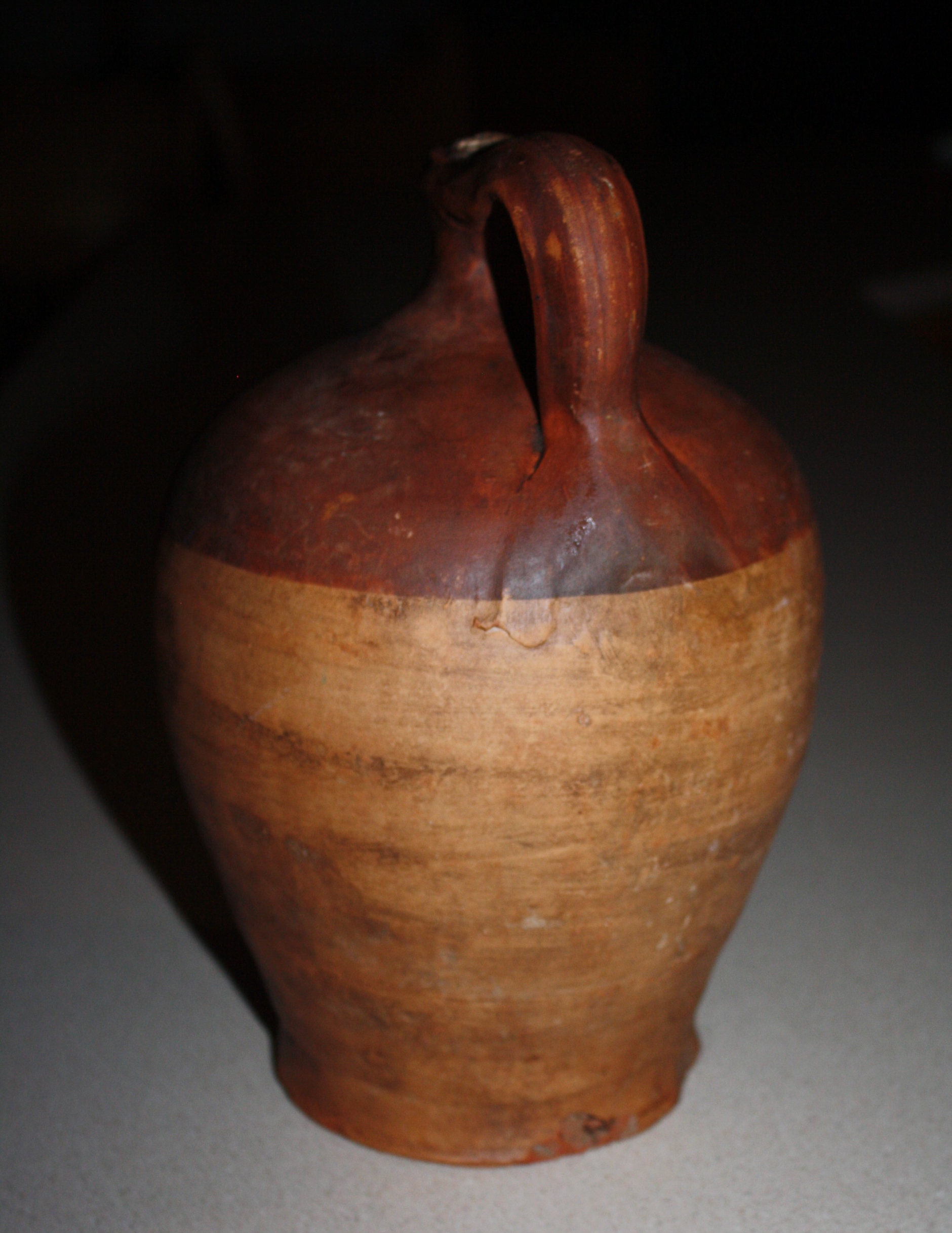 Antique Country Primitive Ovoid Redware Jug; 19th Century Folk Pottery