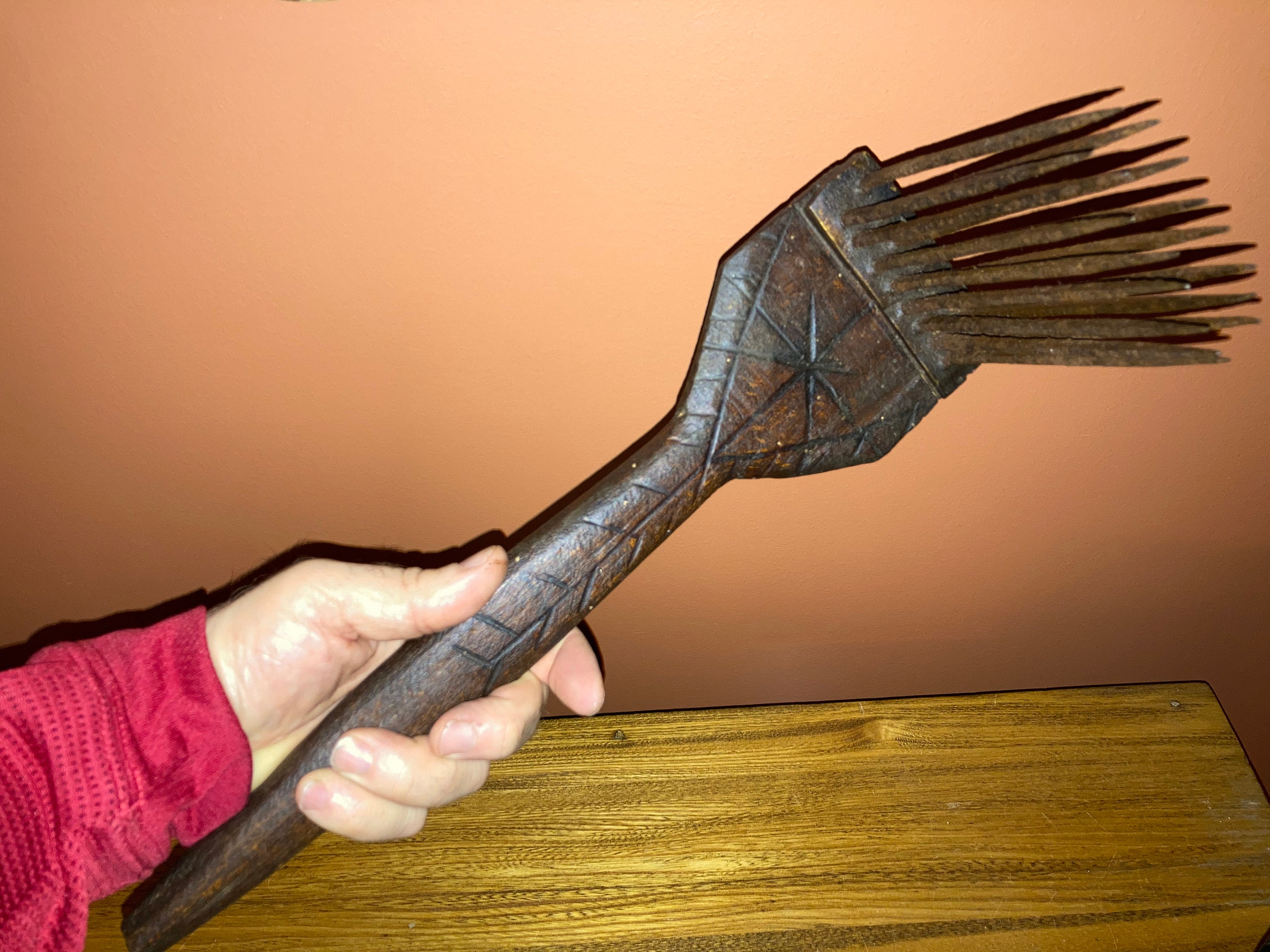 Antique Carved Wooden Flax Carding Comb, Hetchel