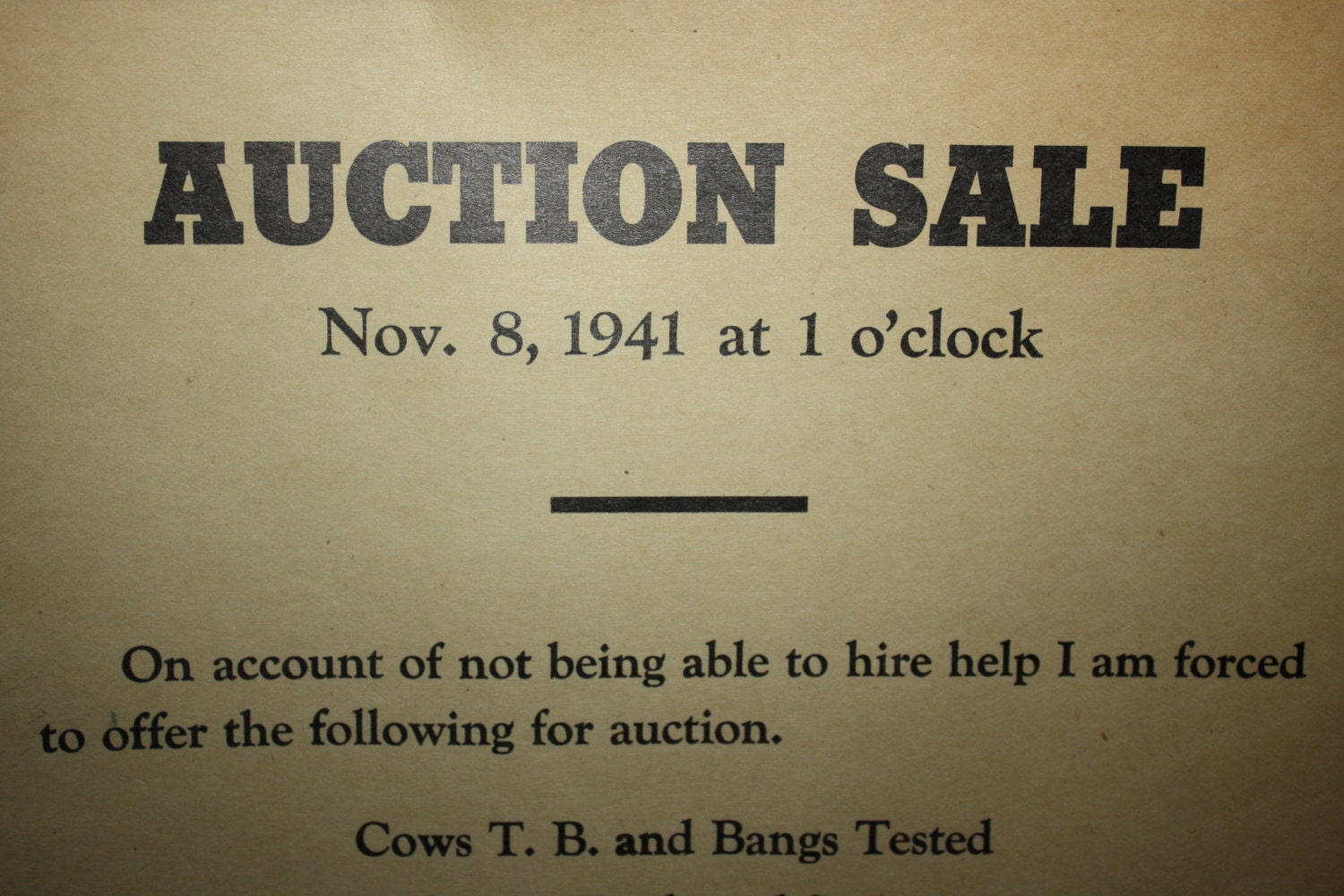 Vintage 1941 Farm Auction Sale Poster: Edw. Holzworth, Bradford PA ...