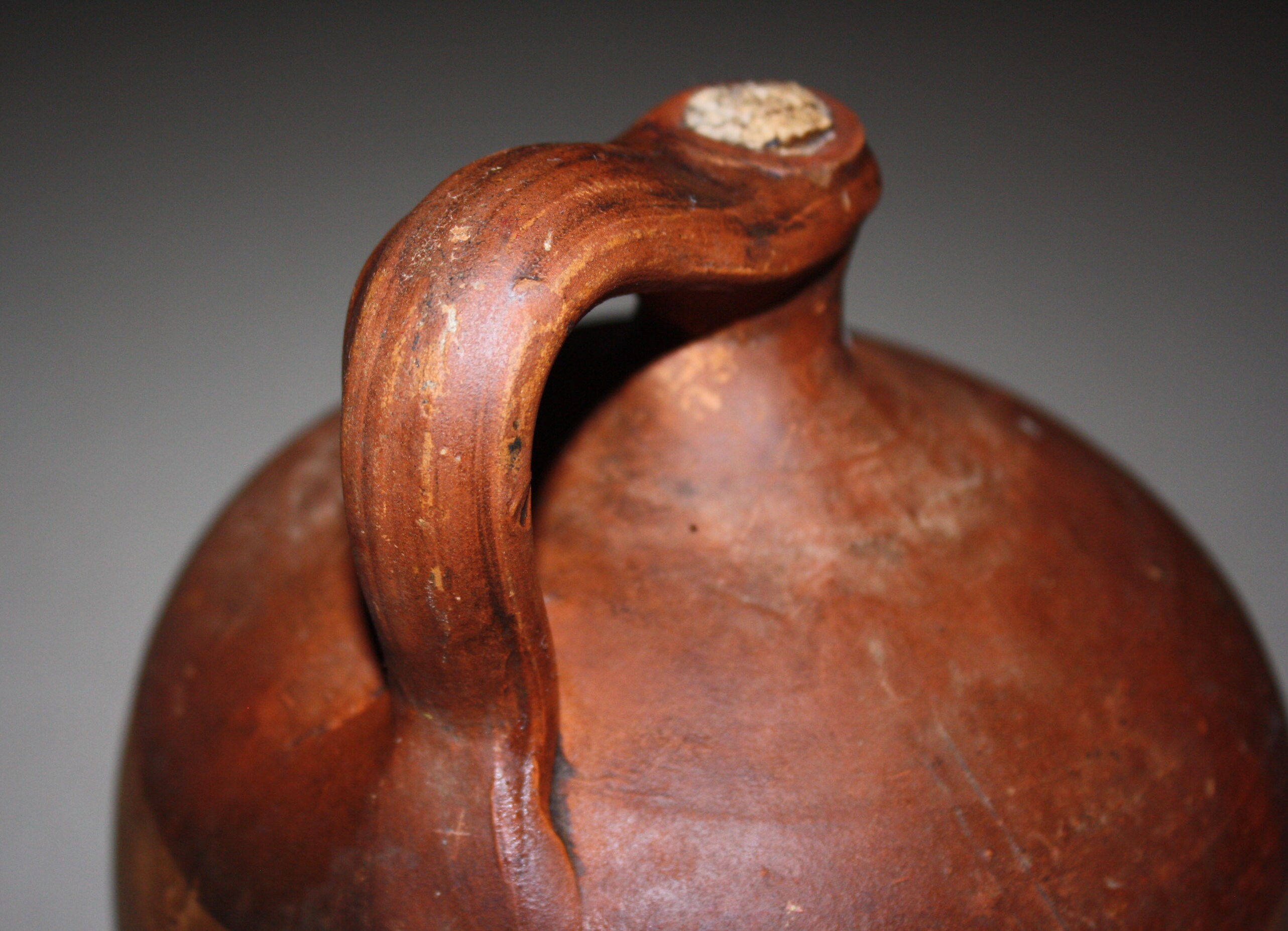 Antique Country Primitive Ovoid Redware Jug; 19th Century Folk Pottery