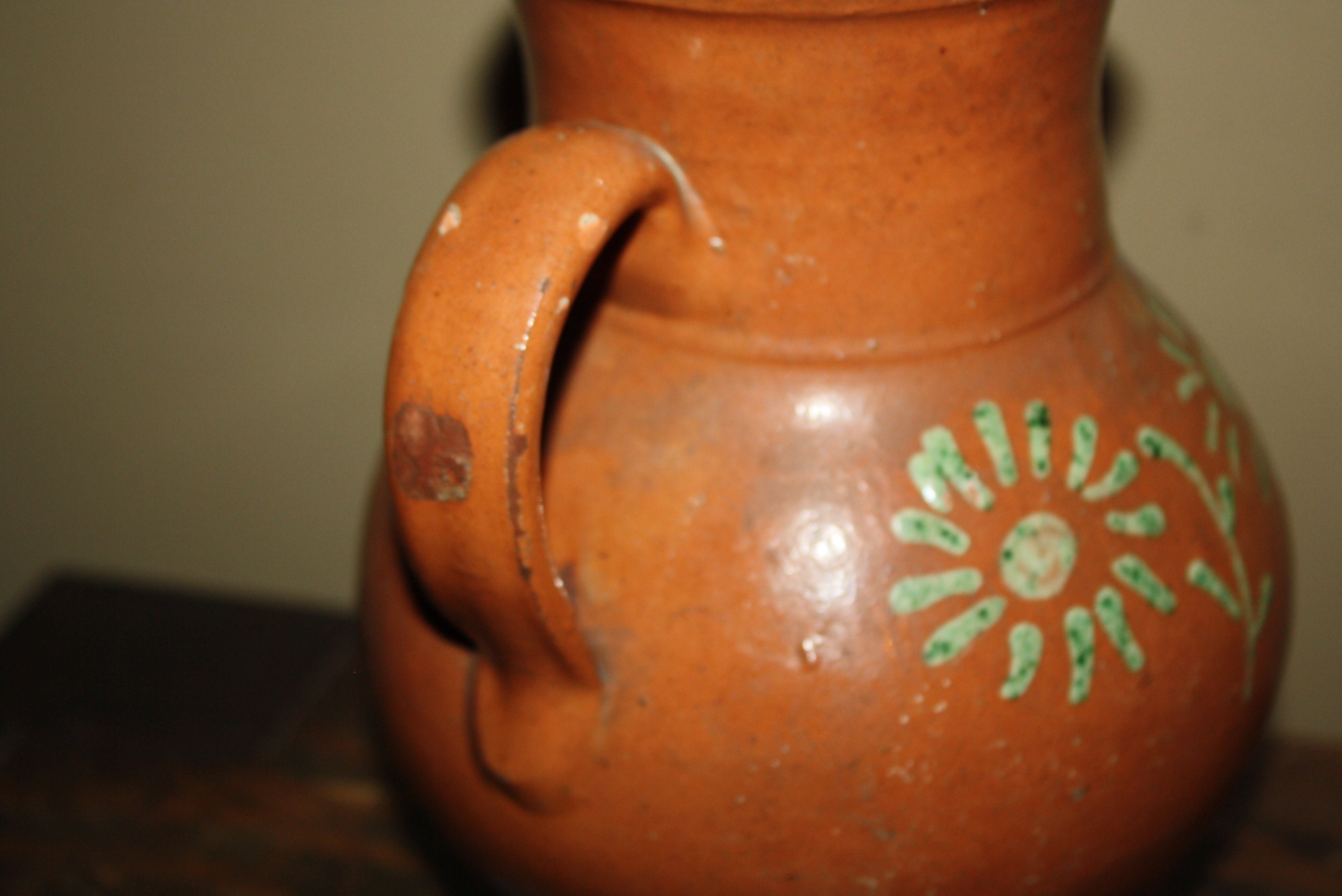Antique Country Primitive Redware Pottery Pitcher; Slip Decorated, Lead ...