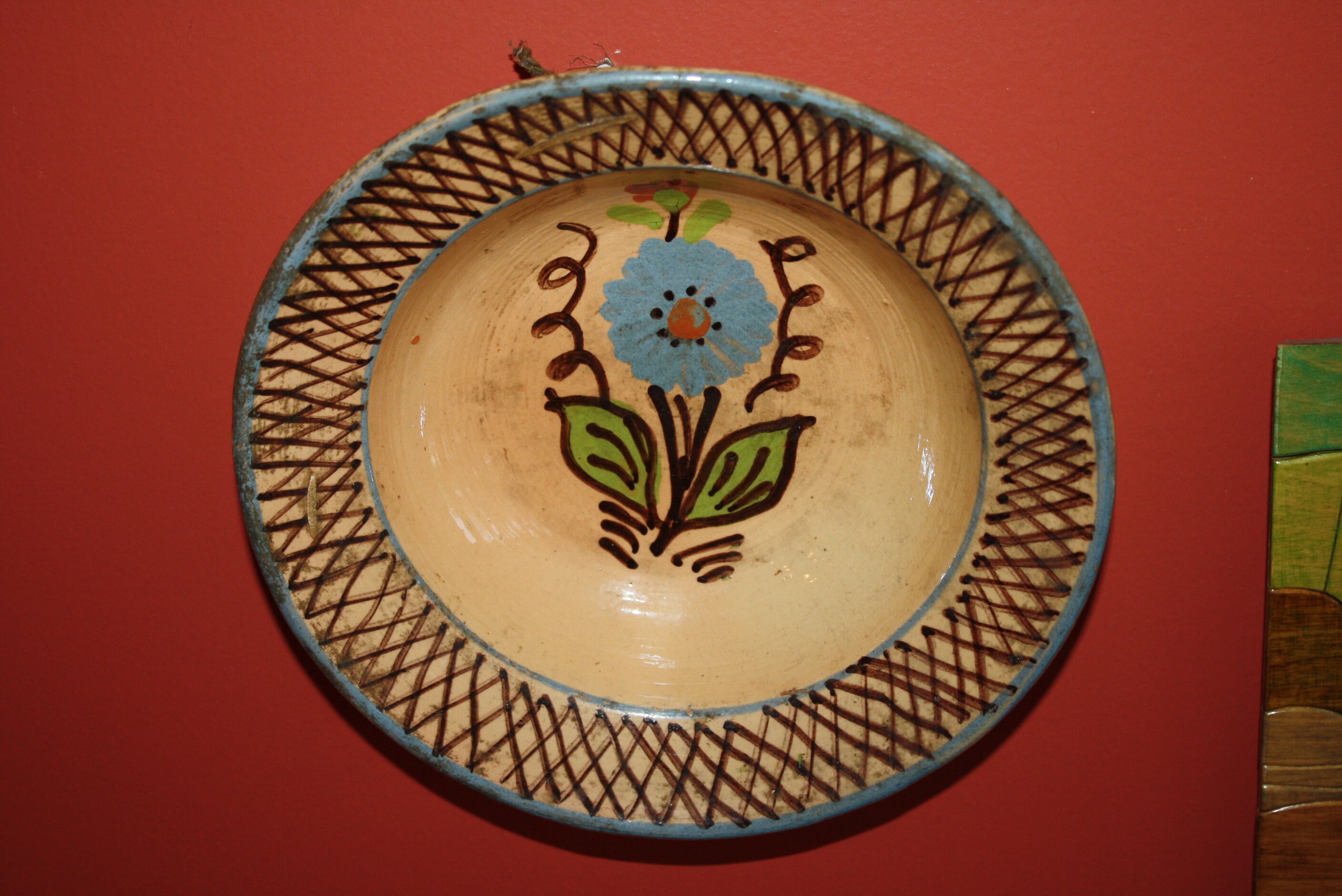 Antique Primitive Slip Decorated Redware Pottery Bowl