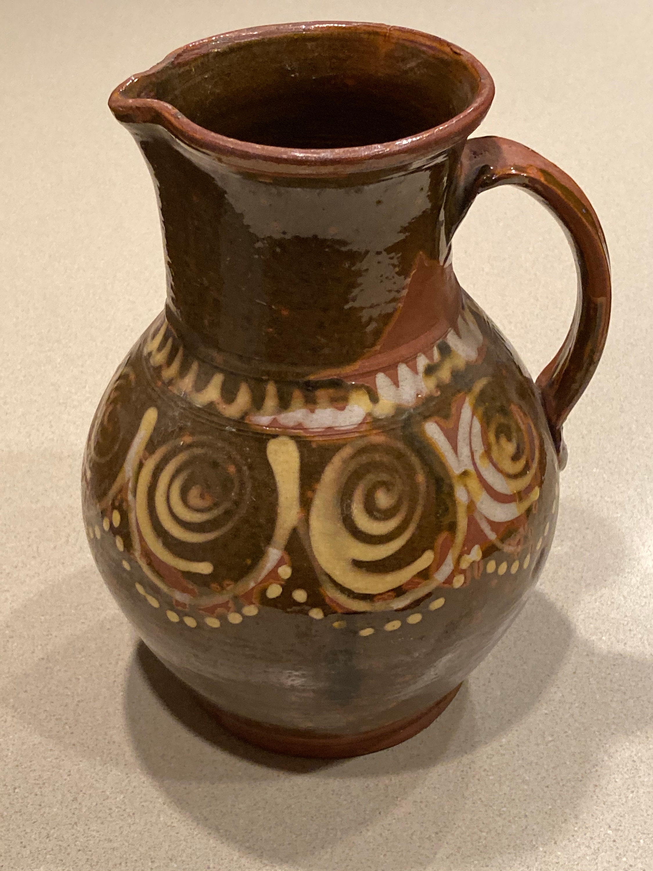 Antique Country Primitive Redware Pottery Pitcher; 19th Century Slip ...
