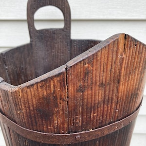 Antique Country Primitive Staved Wooden Piggin Bucket With Metal Bands ...