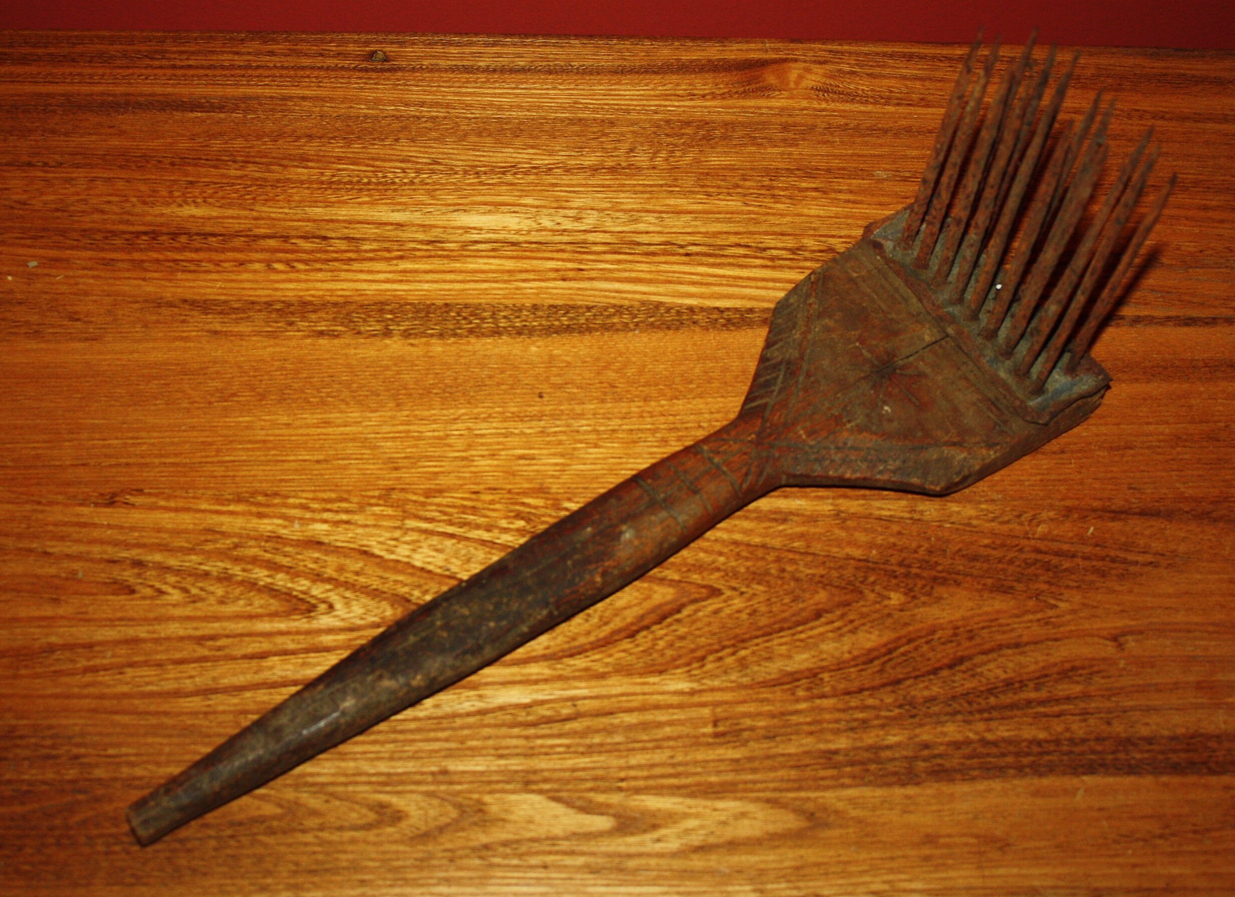 Antique Carved Wooden Flax Carding Comb, Hetchel