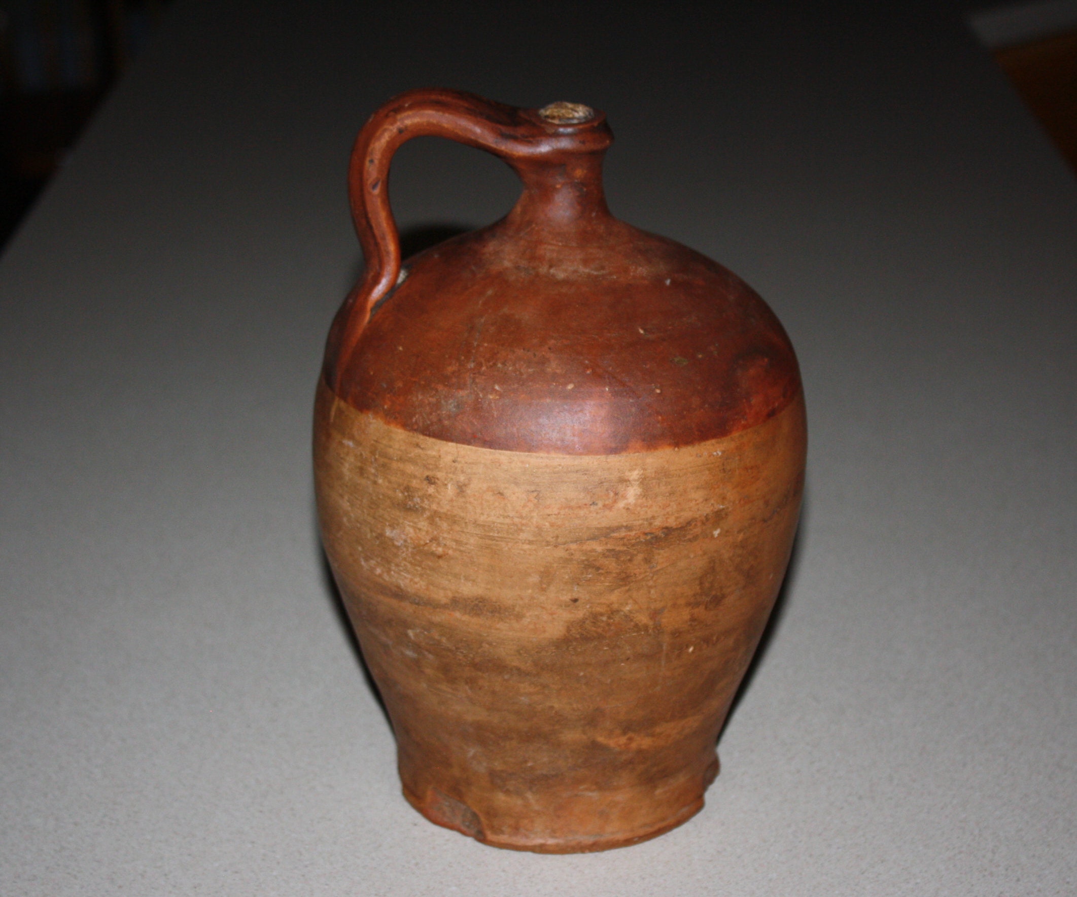 Antique Country Primitive Ovoid Redware Jug; 19th Century Folk Pottery