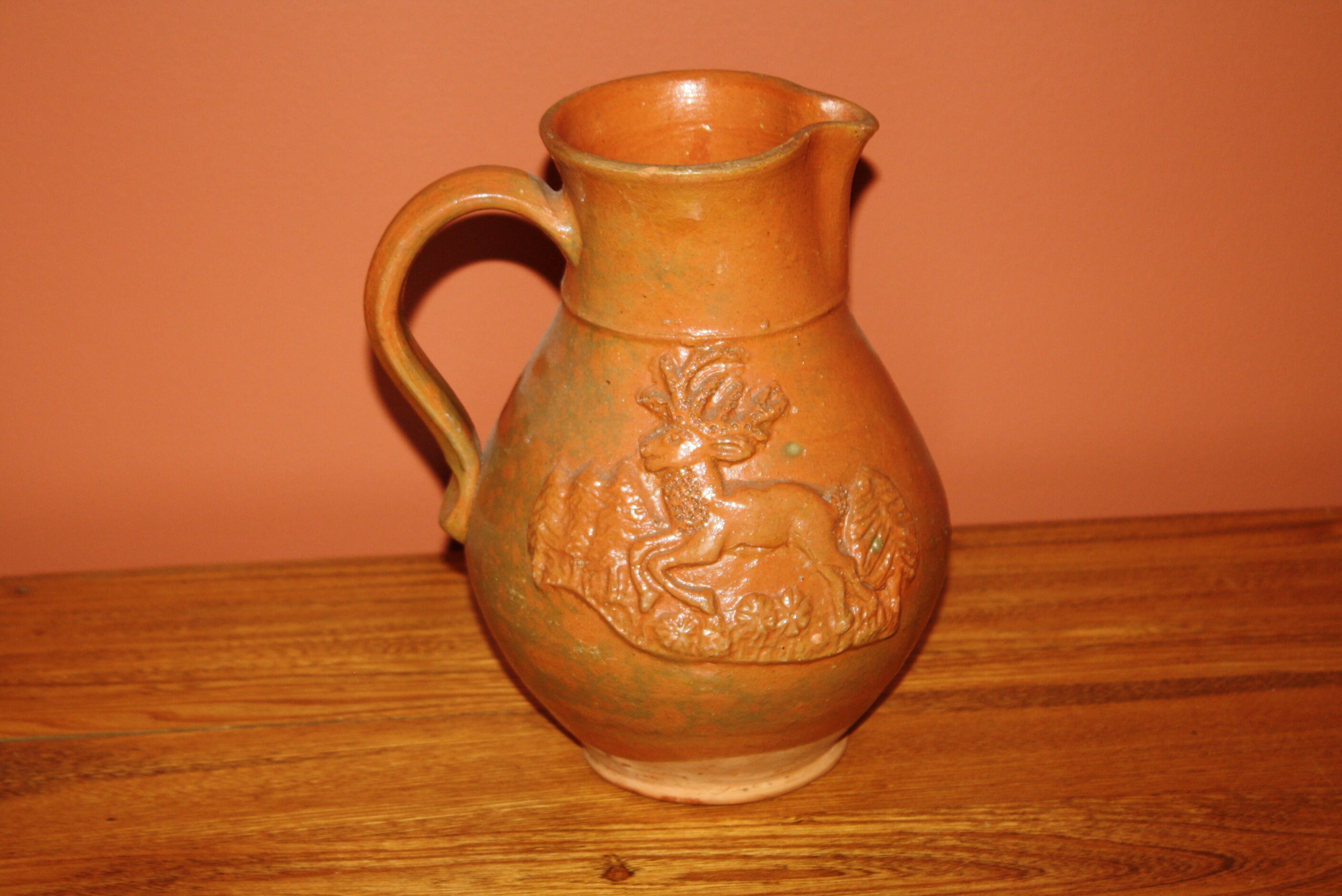 Rare Antique Primitive Redware Pottery Pitcher with Applied Reindeer ...