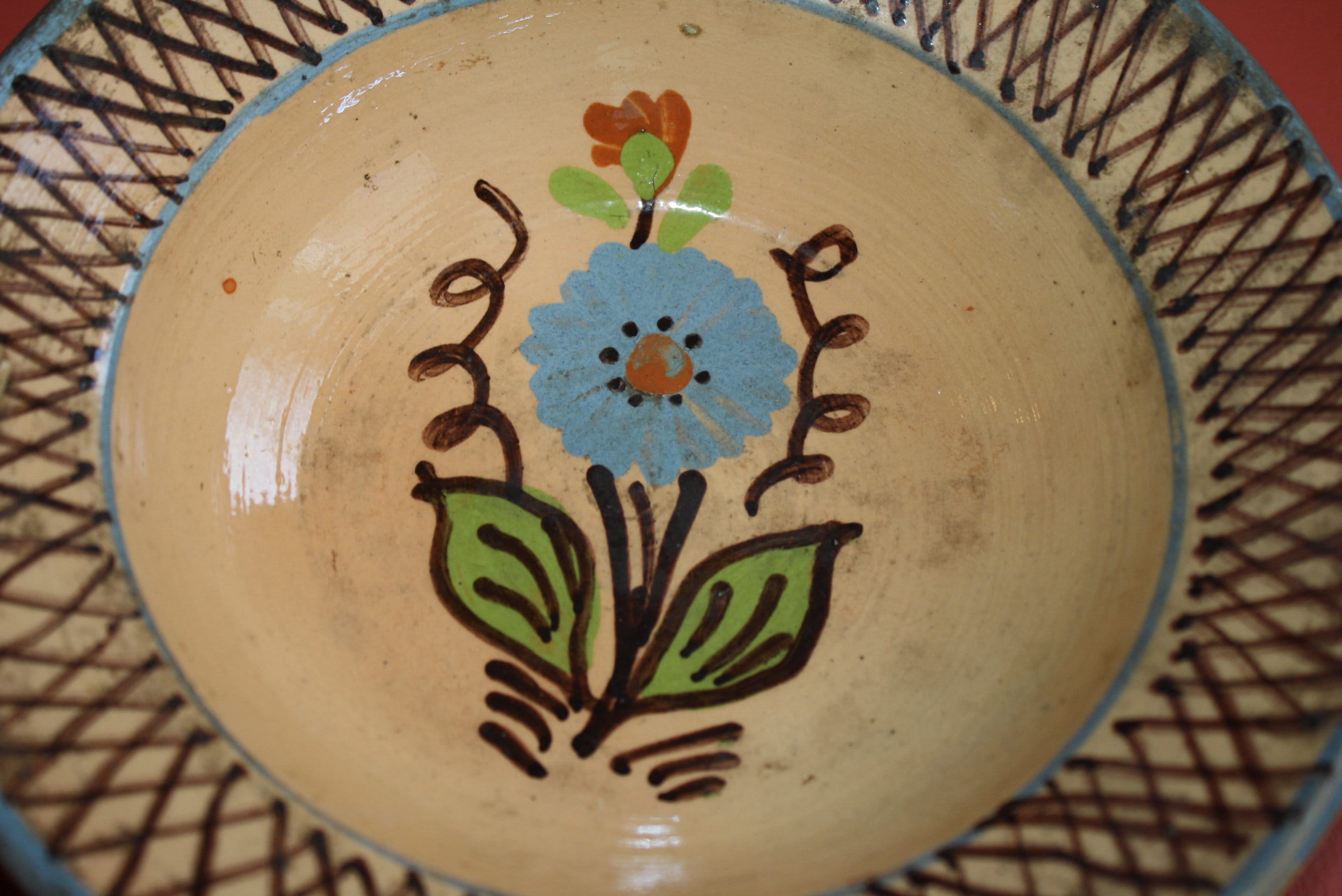 Antique Primitive Slip Decorated Redware Pottery Bowl