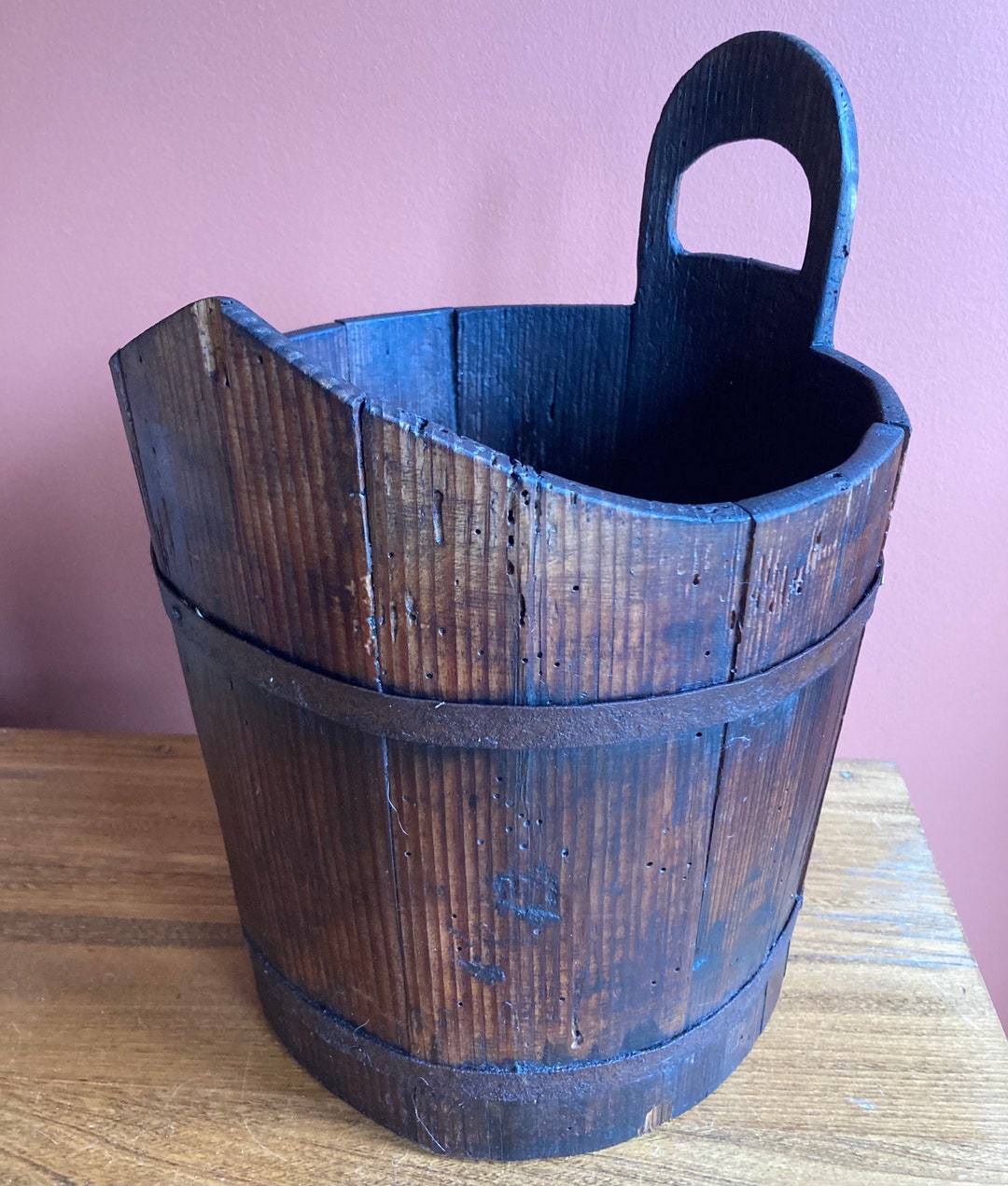 Antique Country Primitive Staved Wooden Piggin Bucket With Metal Bands ...