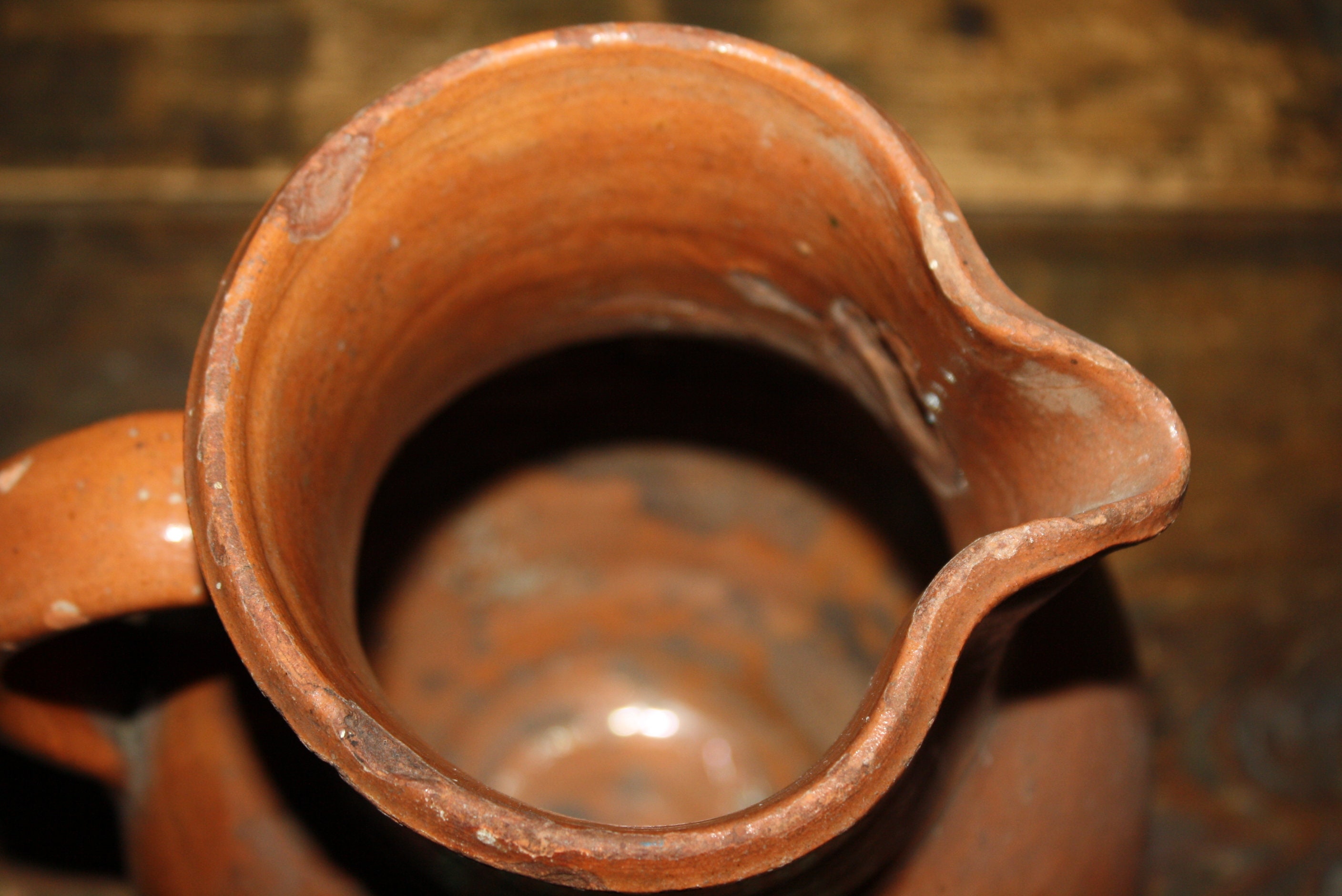 Antique Country Primitive Redware Pottery Pitcher; Slip Decorated, Lead ...