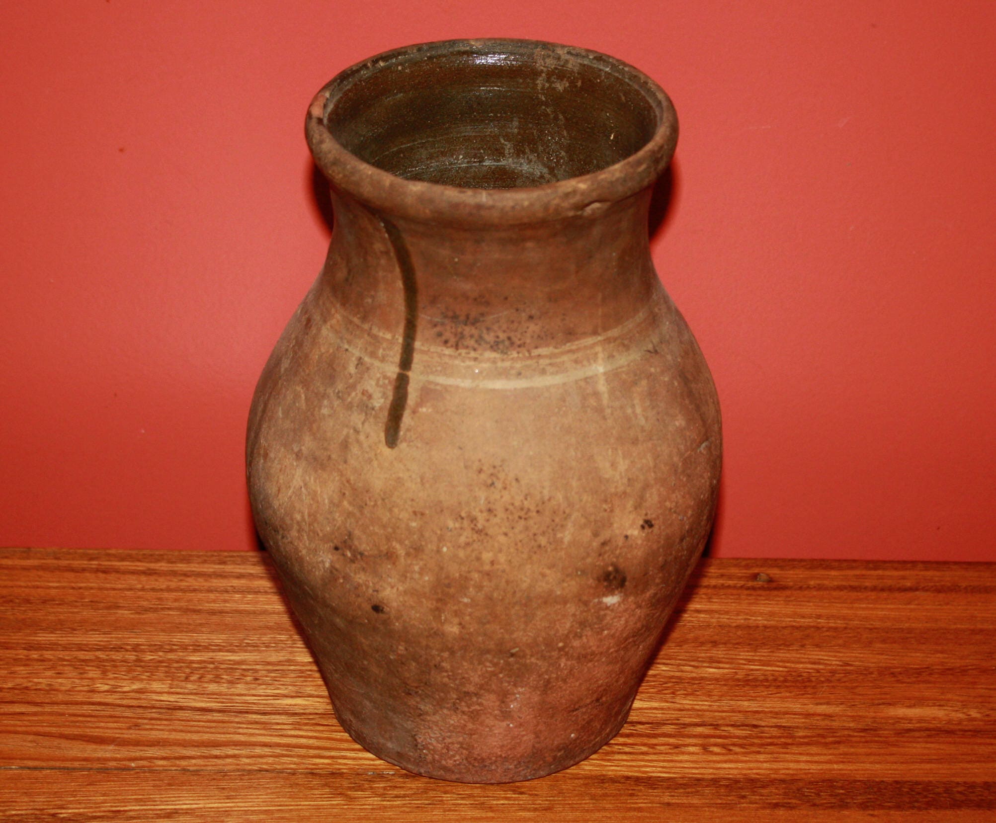 Antique Country Primitive Redware Folk Pottery Pot with Slip Decoration ...