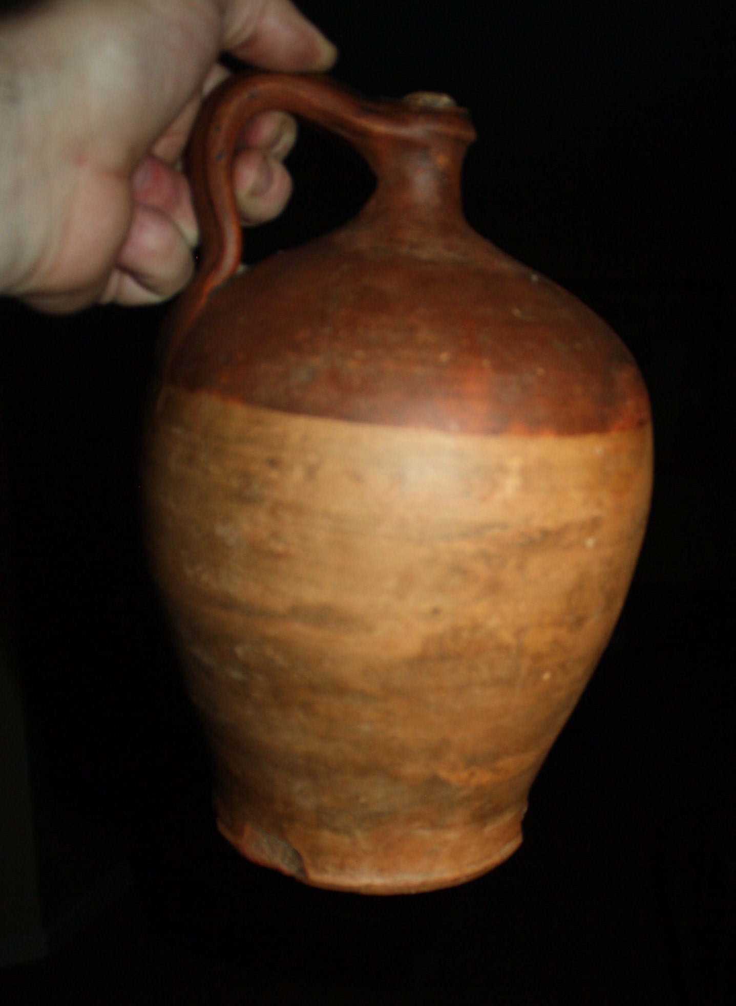 Antique Country Primitive Ovoid Redware Jug; 19th Century Folk Pottery