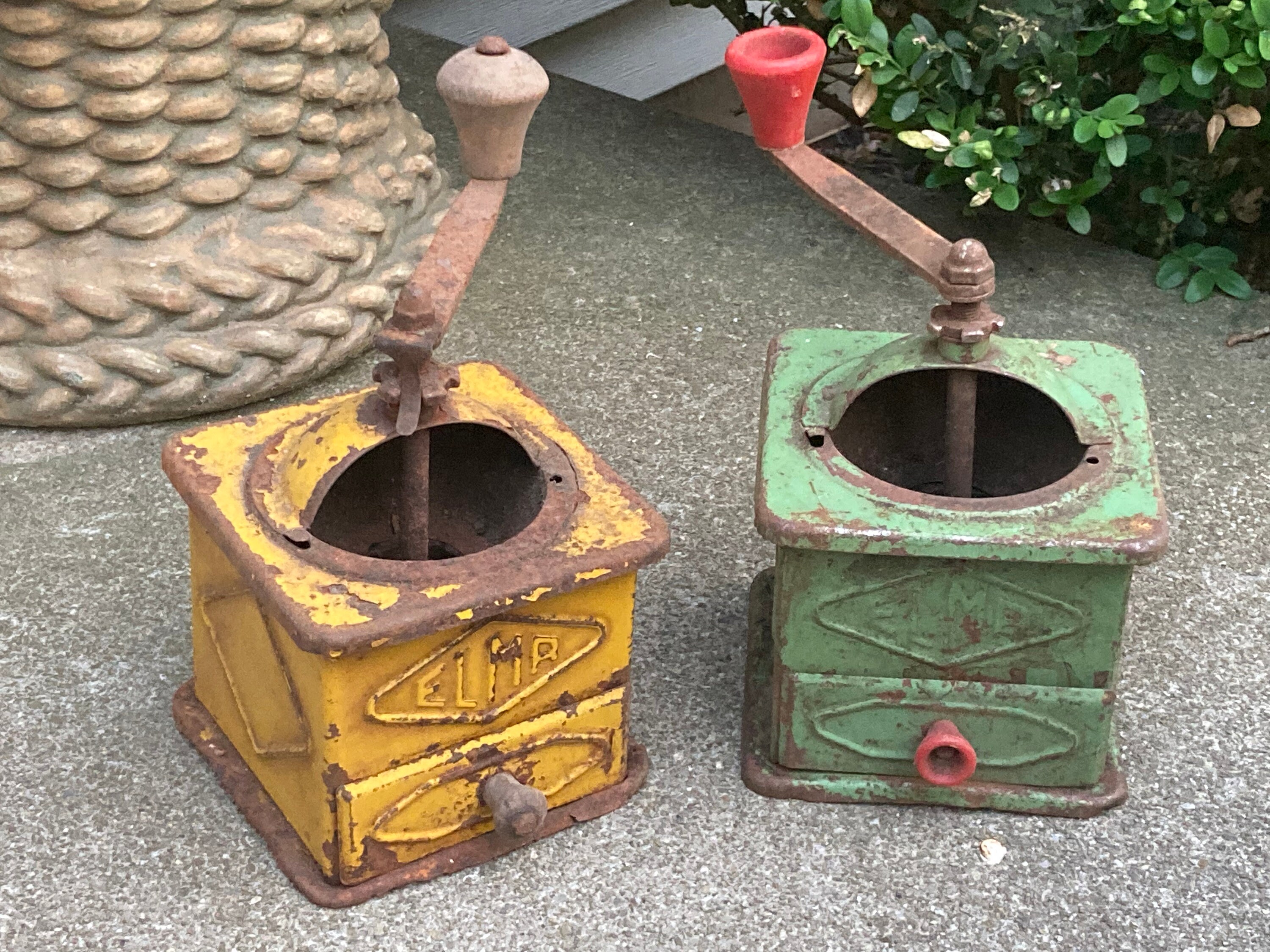 Pair of Primitive Rusty Tin Coffee Grinders in Old Green and Yellow ...