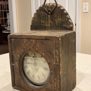 Antique Primitive Wooden Clock Box in Old Green Paint With Carved ...