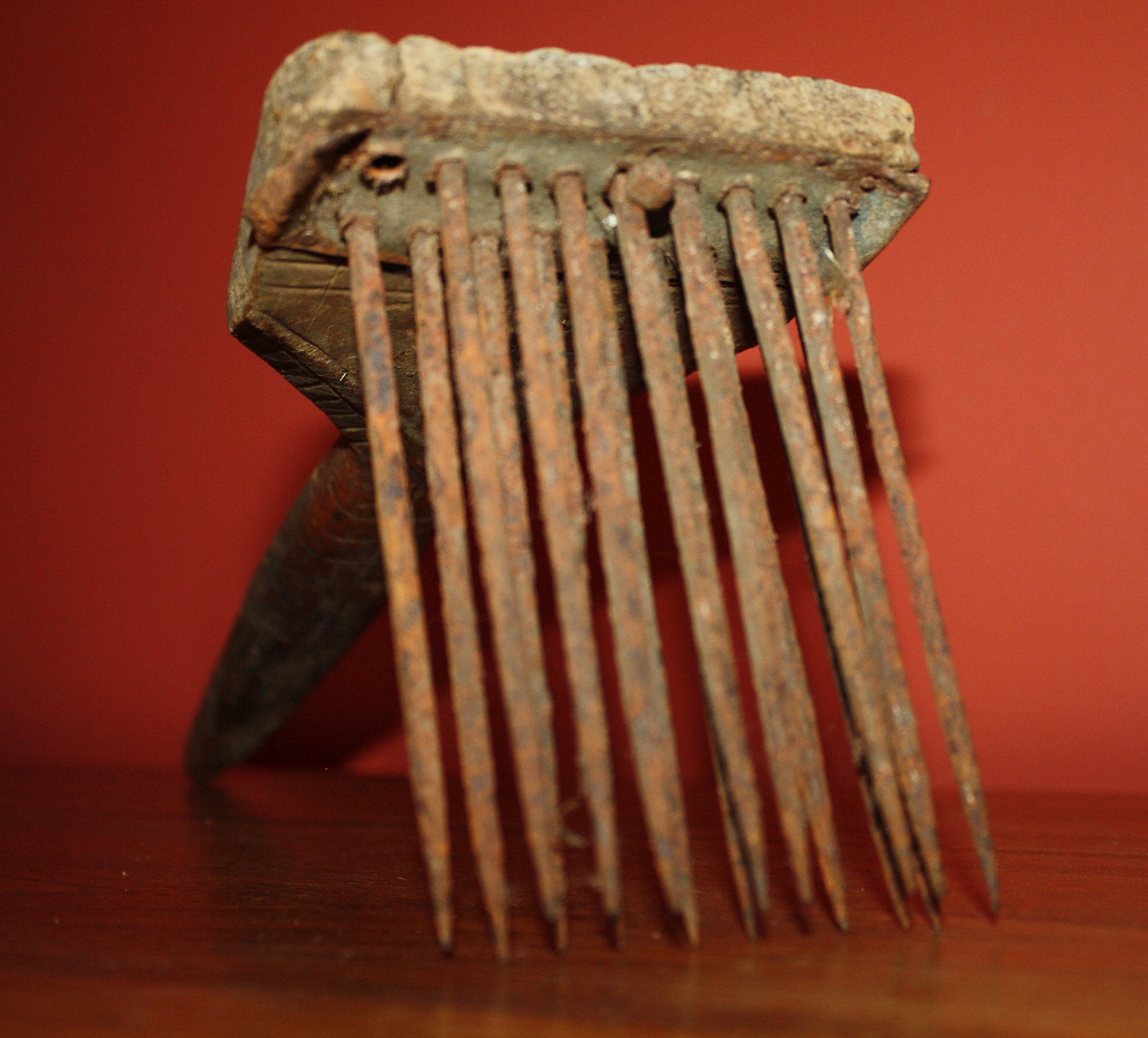 Antique Carved Wooden Flax Carding Comb, Hetchel