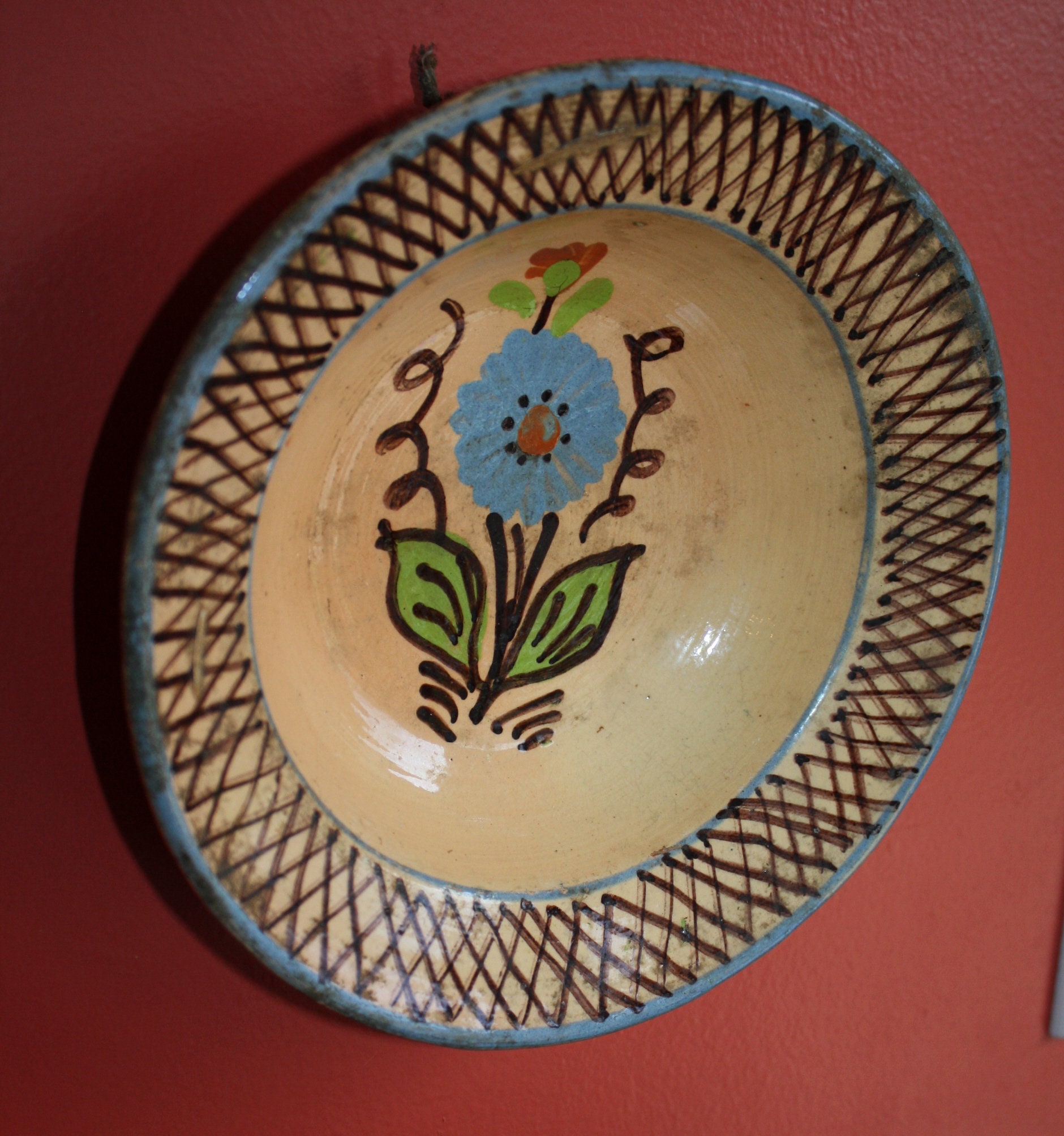 Antique Primitive Slip Decorated Redware Pottery Bowl