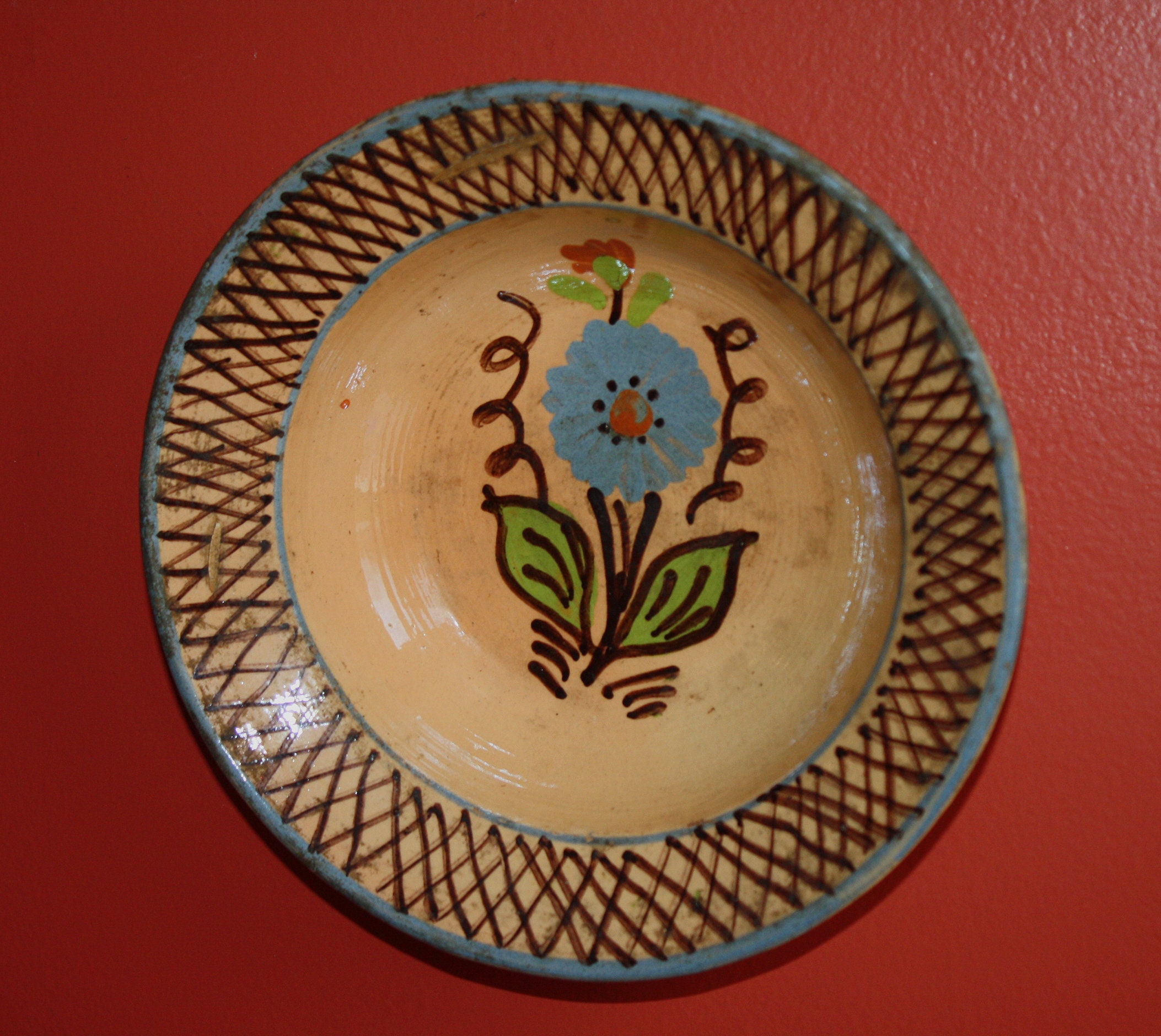 Antique Primitive Slip Decorated Redware Pottery Bowl