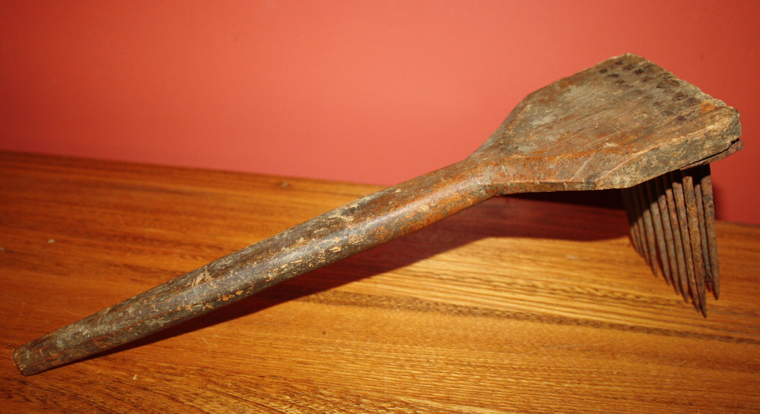 Antique Carved Wooden Flax Carding Comb, Hetchel