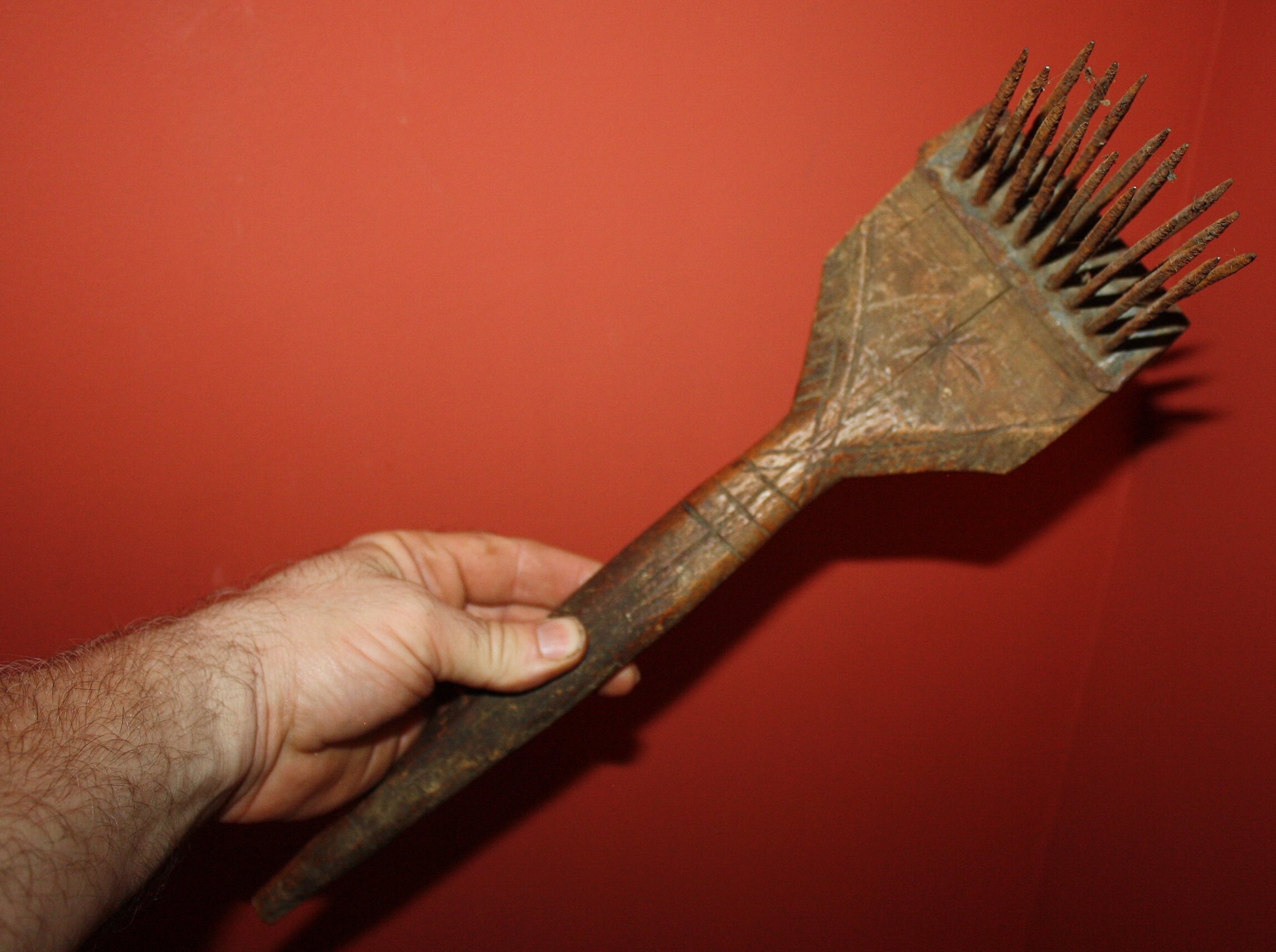 Antique Carved Wooden Flax Carding Comb, Hetchel