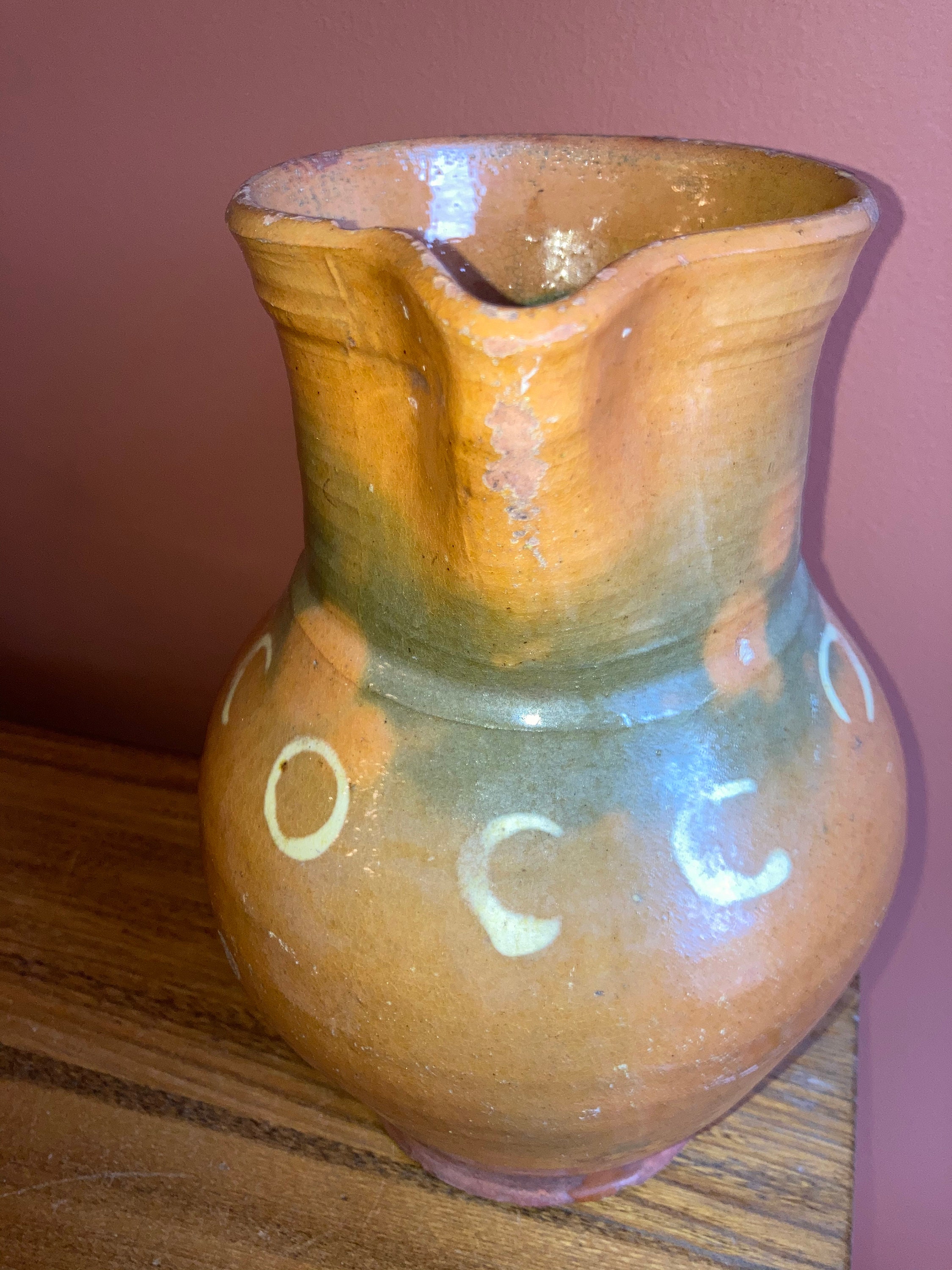 Antique Country Primitive Redware Folk Pottery Pitcher; 19th Century ...