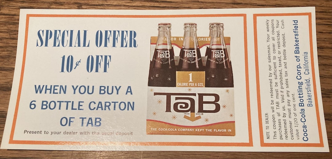 Vintage 1963 Tab Cola: Original 10 Cents off 6 Pack Coupon! - Etsy