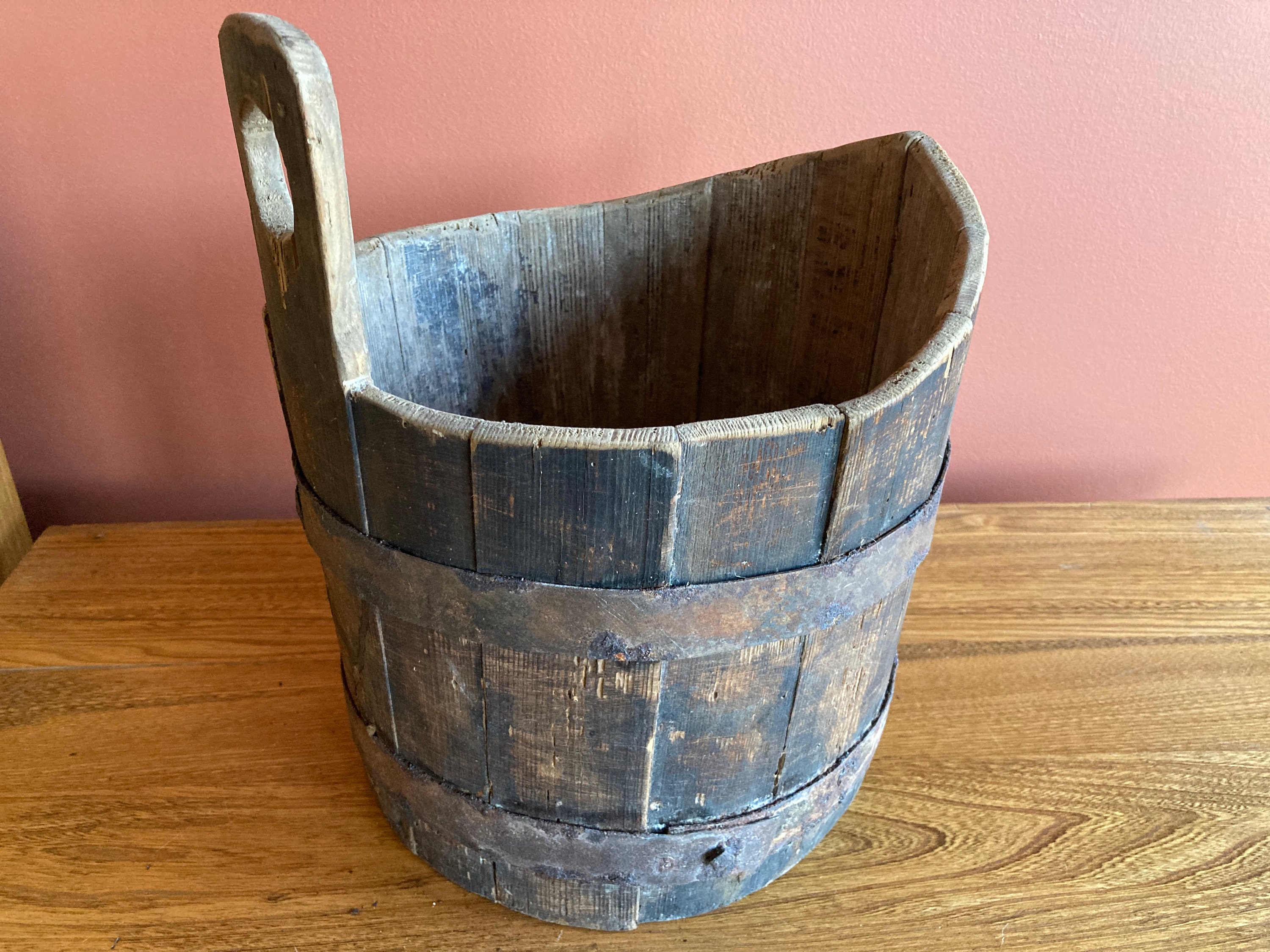 Antique Country Primitive Staved Wooden Piggin Bucket, Original Dark ...