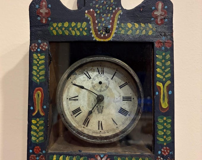 Antique Country Primitive Wooden Clock Box With Folk Paint Decorations ...