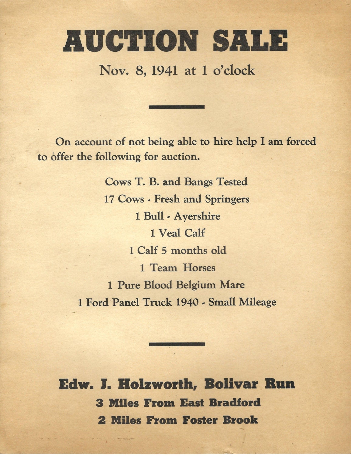 Vintage 1941 Farm Auction Sale Poster: Edw. Holzworth, Bradford PA ...