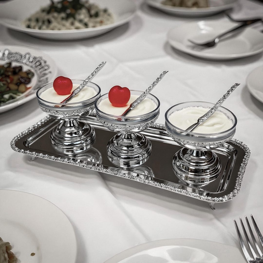 Ice Cream Server Set of 3, Dessert Cups With Tray and Spoons, Silver ...