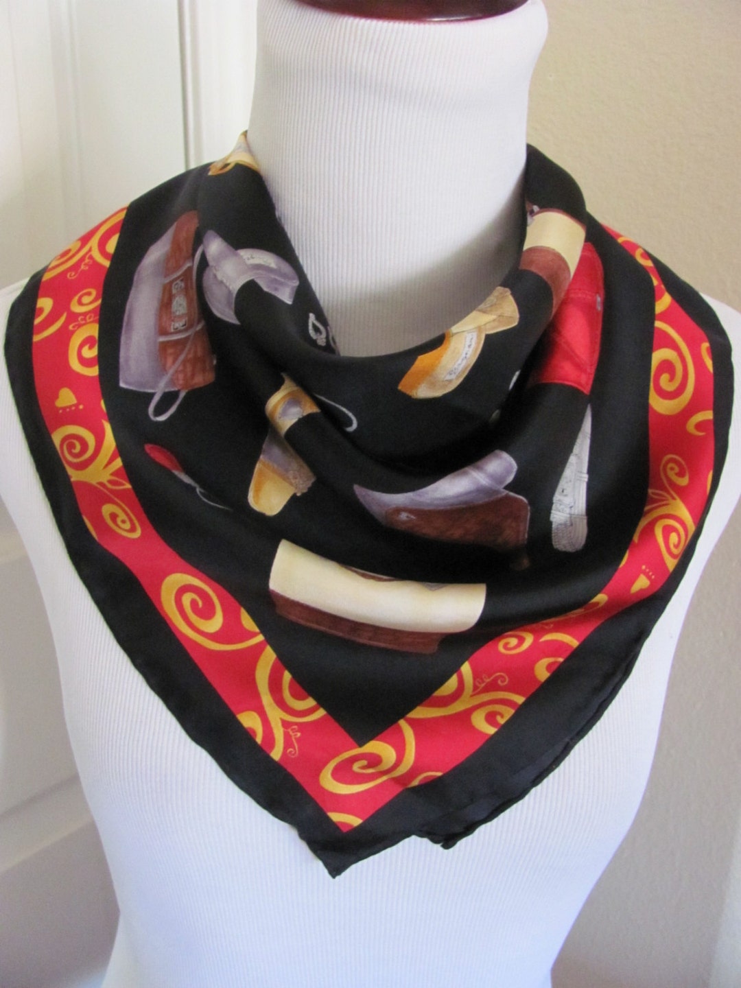SALE Scarf Designer Black Red Purse Shoe Soft Silk Scarf // 21 Inch ...