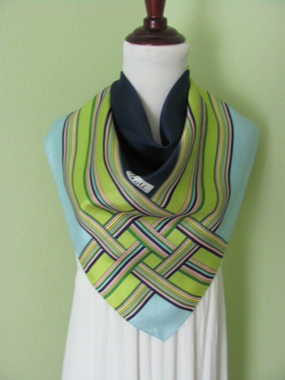 Paoli // Blue Green Acetate Soft Silky Scarf // 24" Inch 60cm Square ...