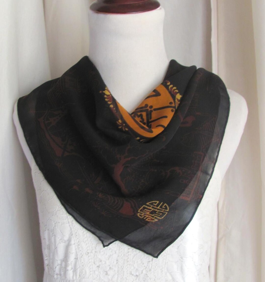 Beautiful Black Sheer Silk Scarf Asian Print // 20" Inch 51cm Square ...