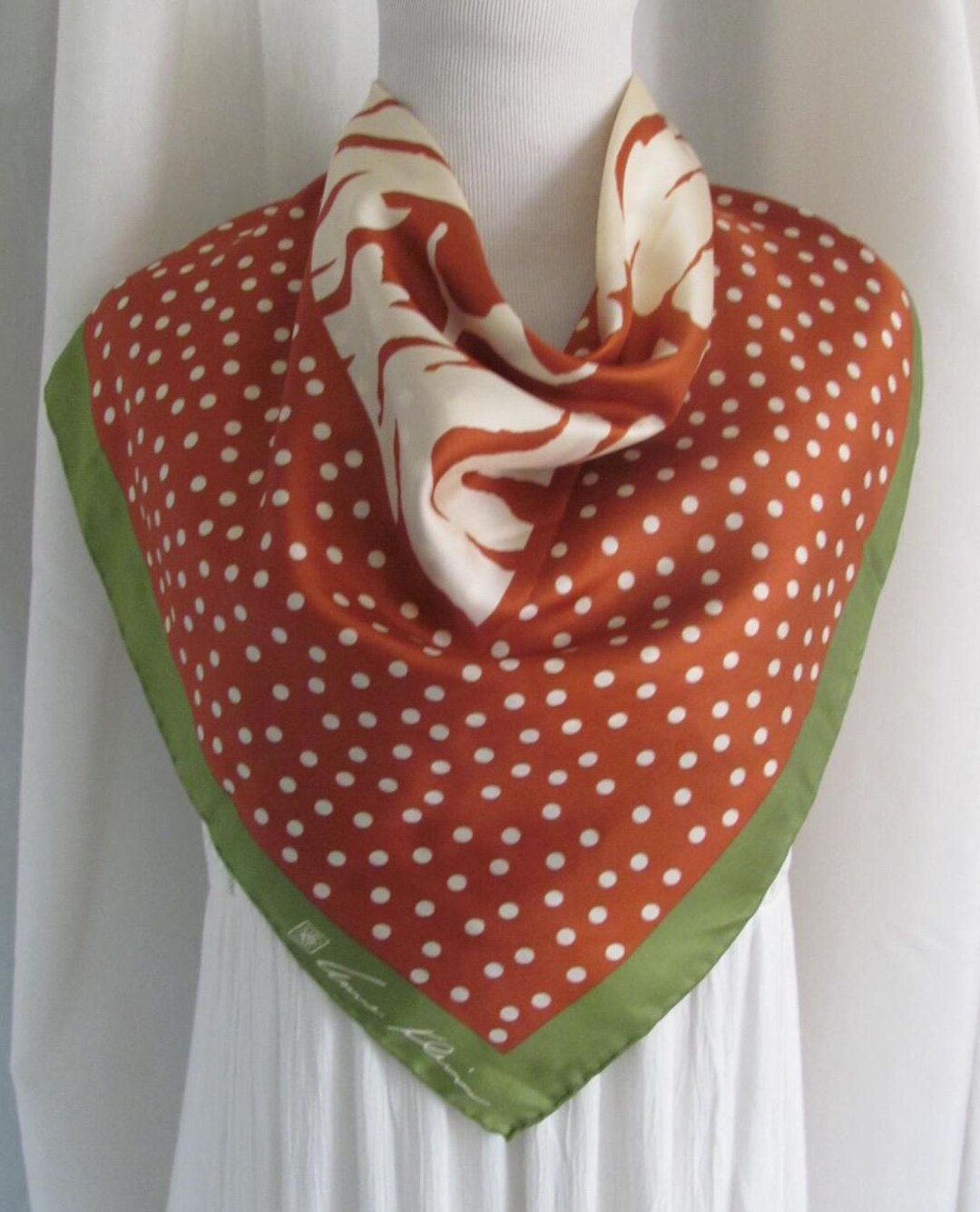 Anne Klein // Vintage Rust Green Lion Logo Soft Silk Scarf // 26" Inch ...