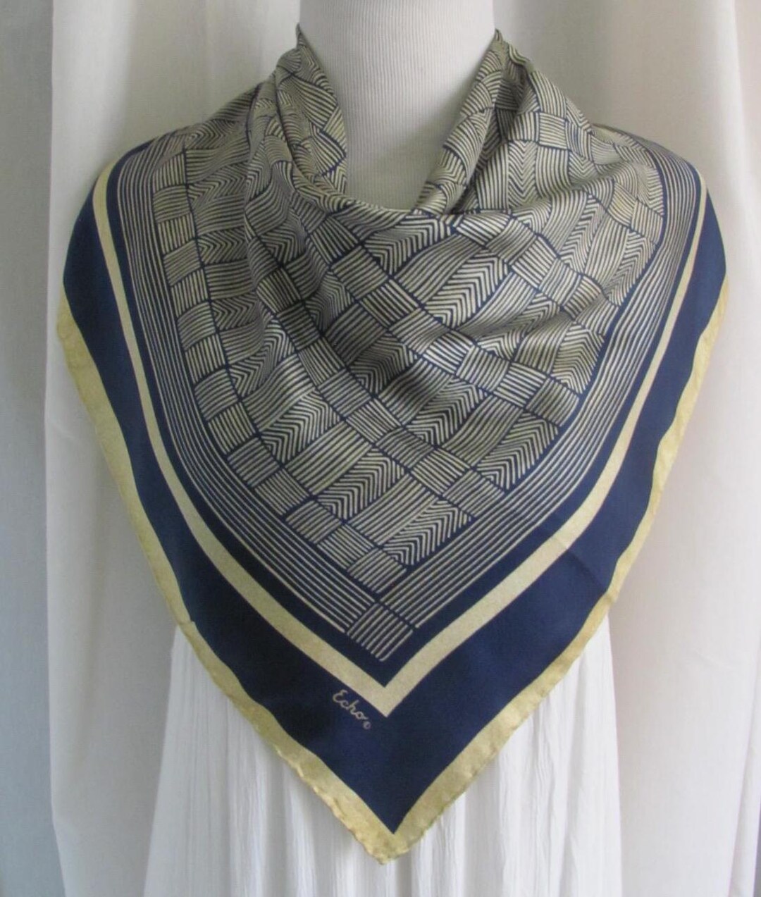 ECHO // Beautiful Dark Blue Gold Silk Scarf // 27" Inch 69cm Square ...