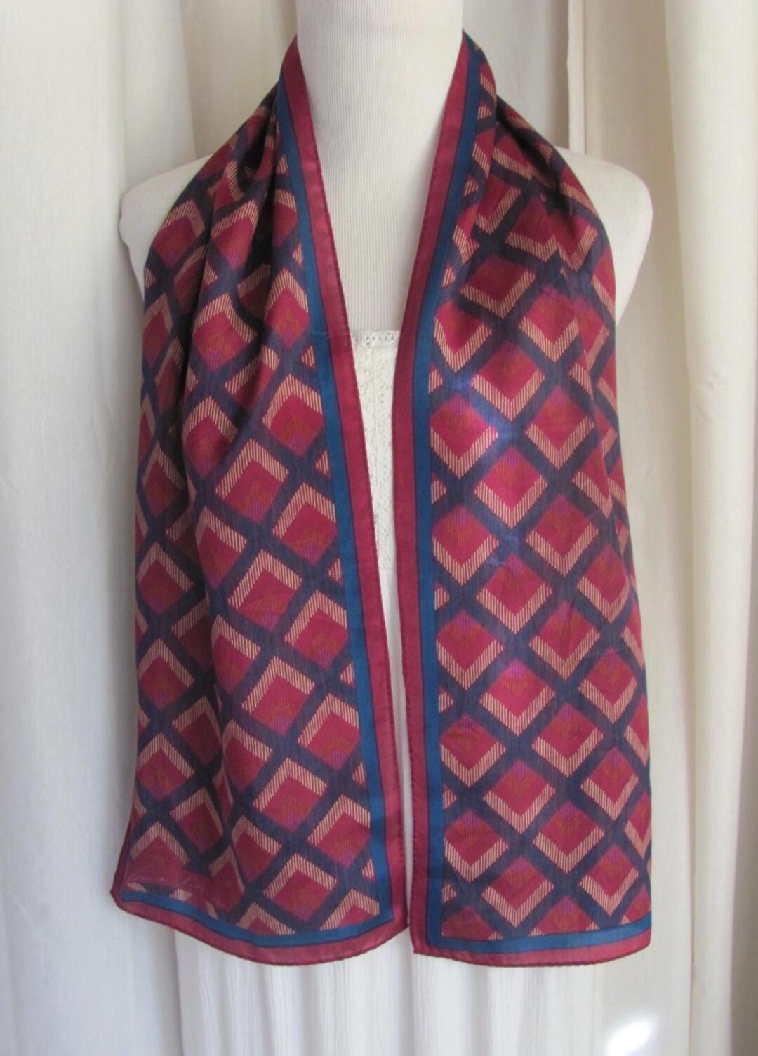 Ann Klein // Lovely Burgundy Blue Silk Scarf // 10" X 52" Long // 800 ...