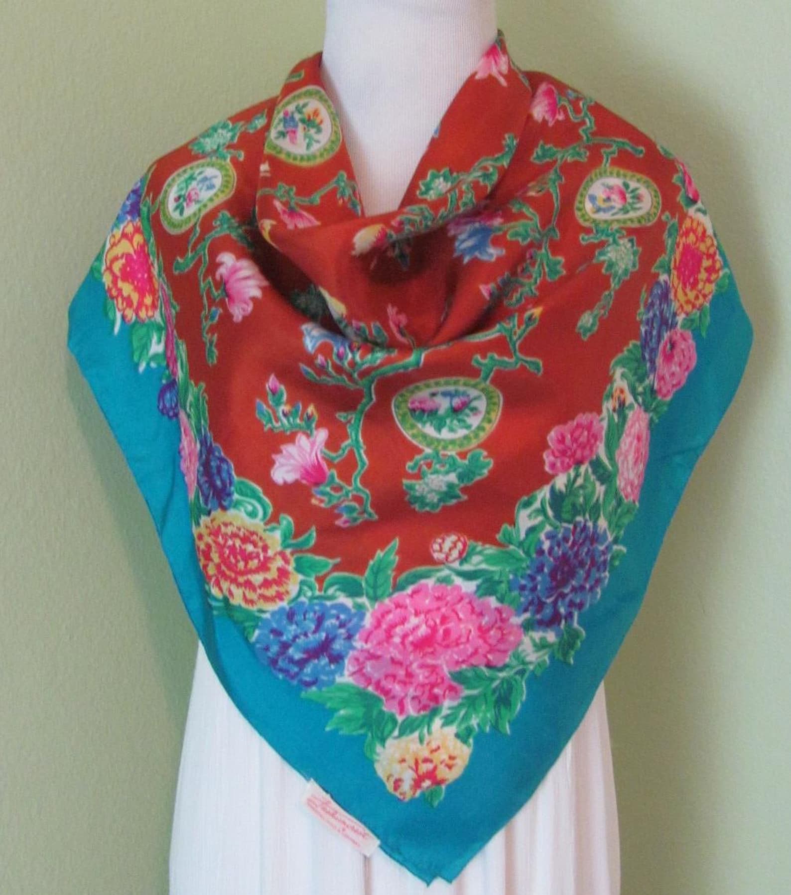 Fashioncrest // Beautiful Vintage Blue Pink Floral Soft Silk Scarf ...