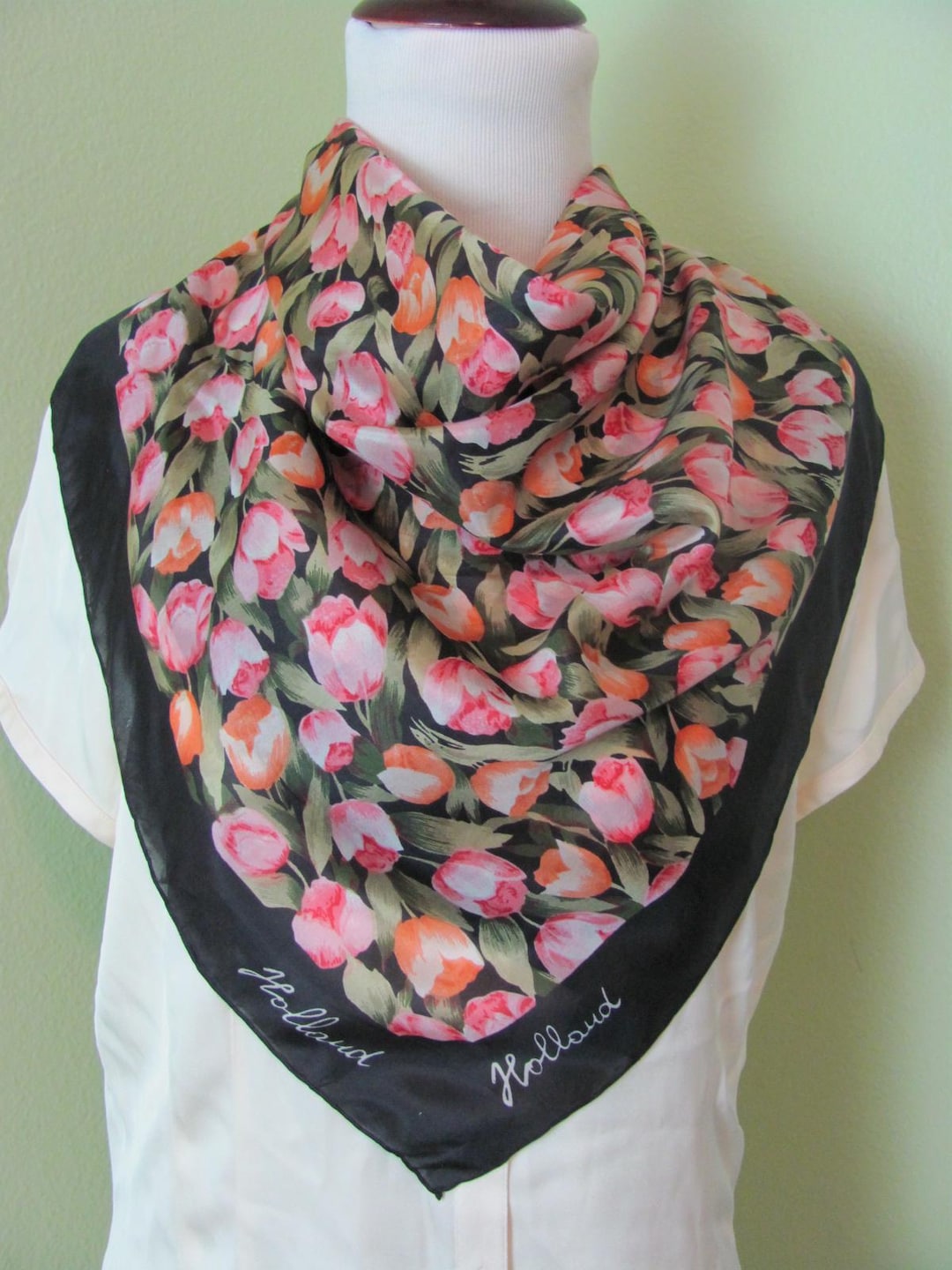 Holland Scarf // Beautiful Black Floral Soft Silk Scarf // 27" Inch ...